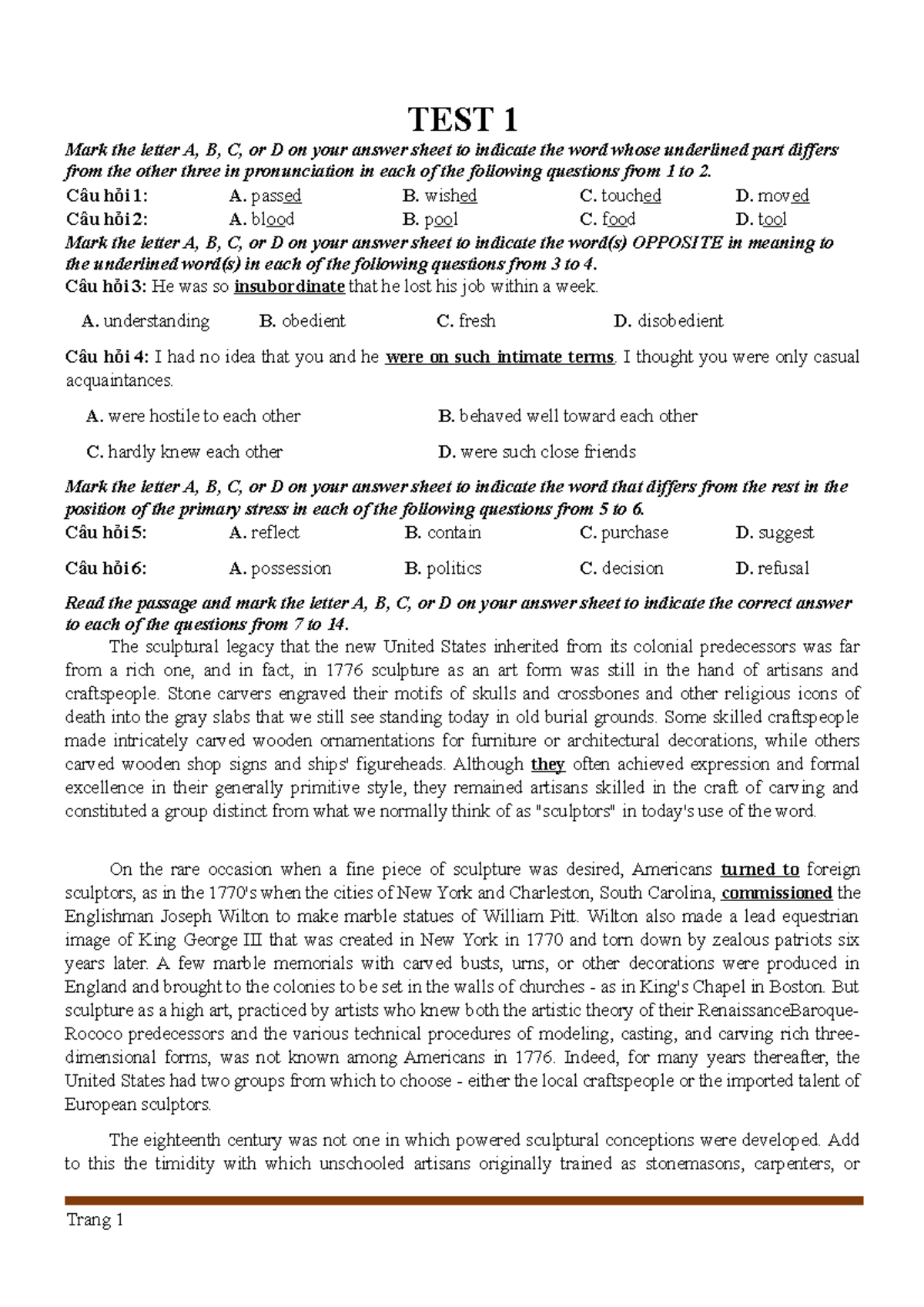 TEST 1 - Summary Discourse Analysis - TEST 1 Mark the letter A, B, C ...
