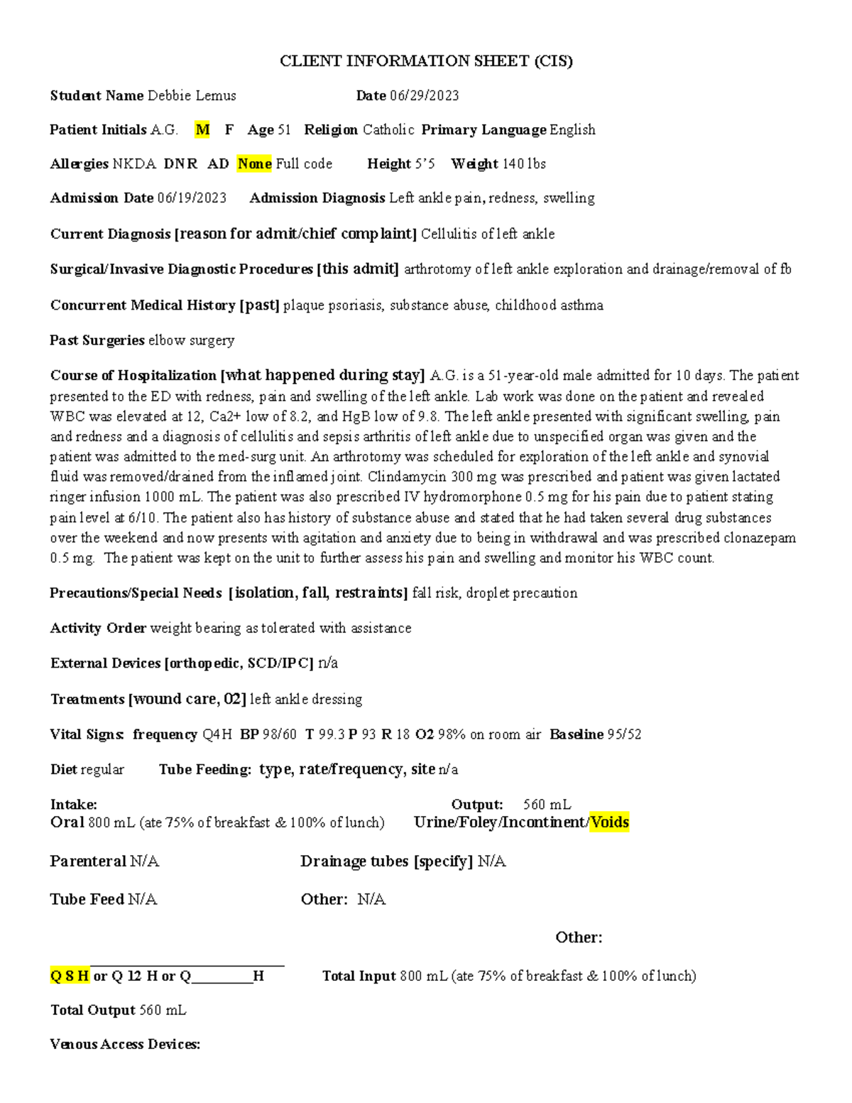 CIS #3 Clinical - CLIENT INFORMATION SHEET (CIS) Student Name Debbie ...