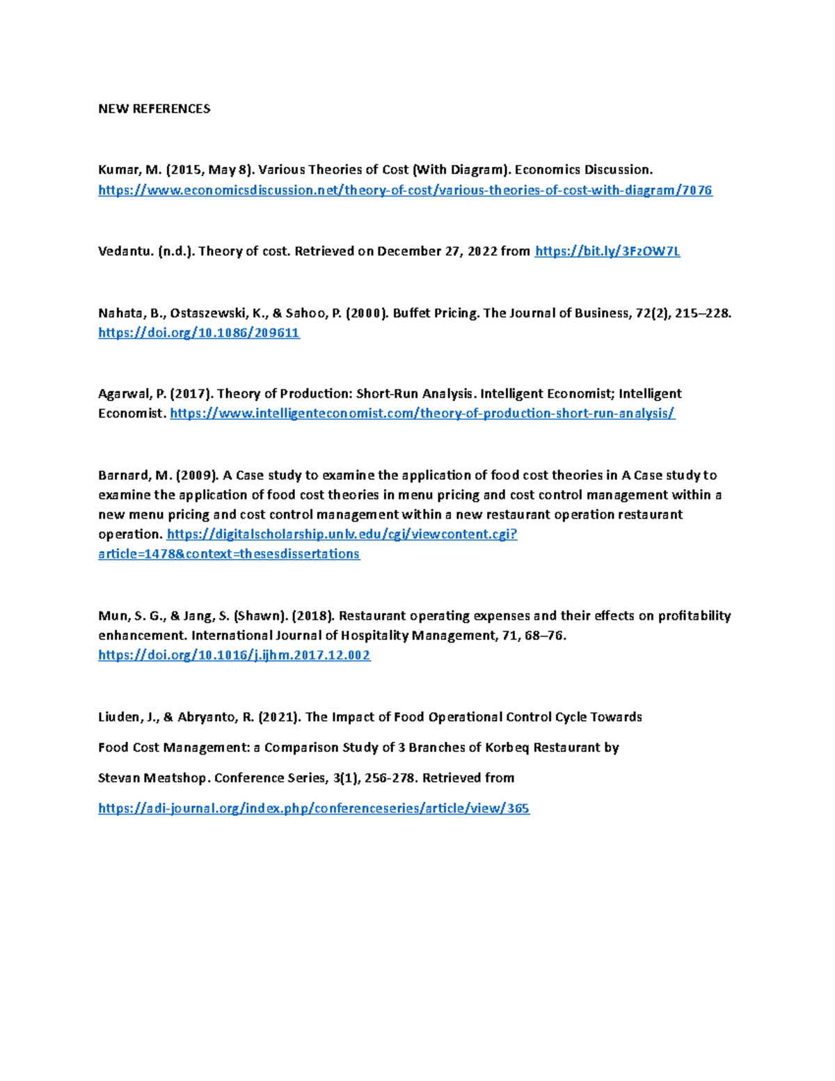 NEW References - reference - NEW REFERENCES Kumar, M. (2015, May 8). Various Theories of Cost ...