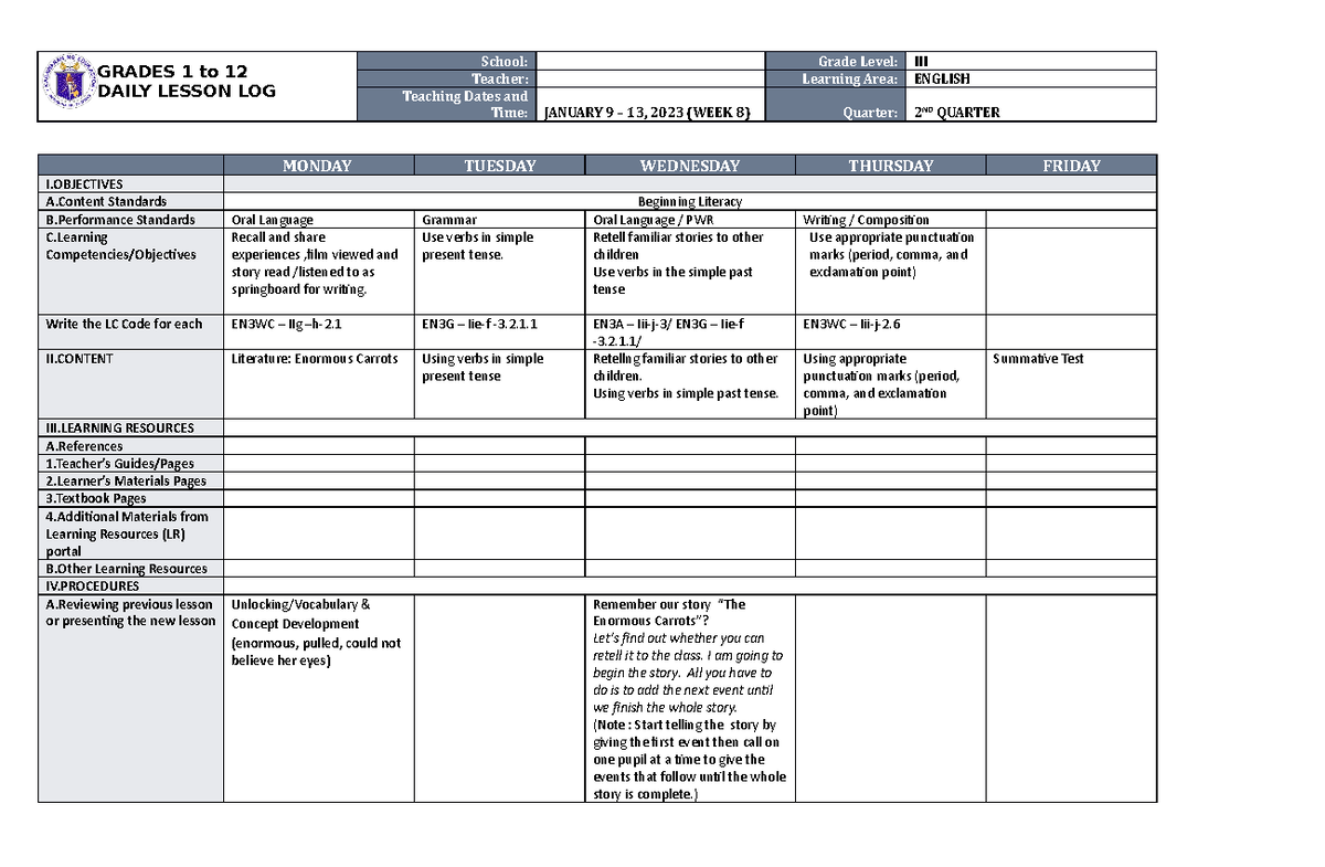 DLL English 3 Q2 W8 - teachers - GRADES 1 to 12 DAILY LESSON LOG School ...