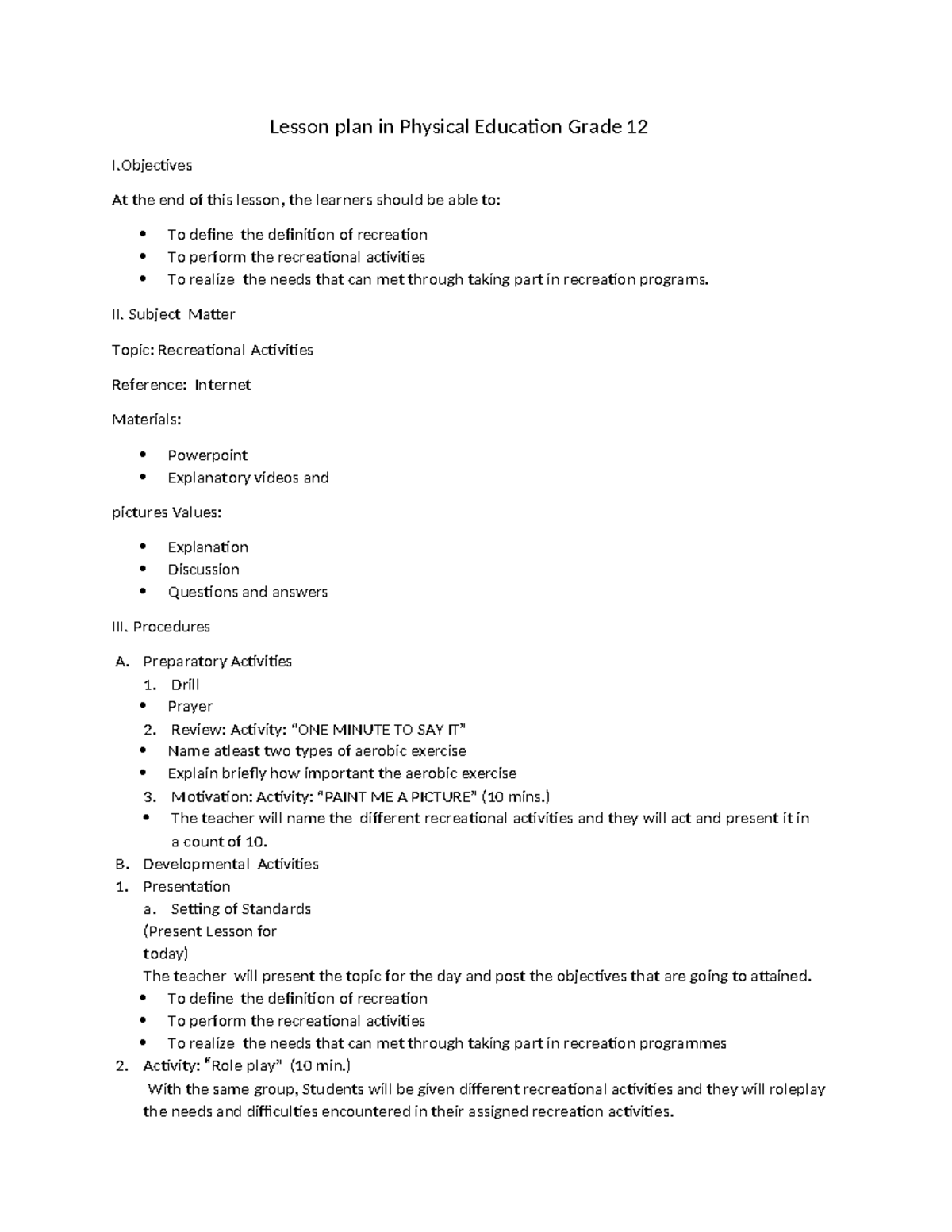 Lesson plan in physical education grade 12 - Lesson plan in Physical ...