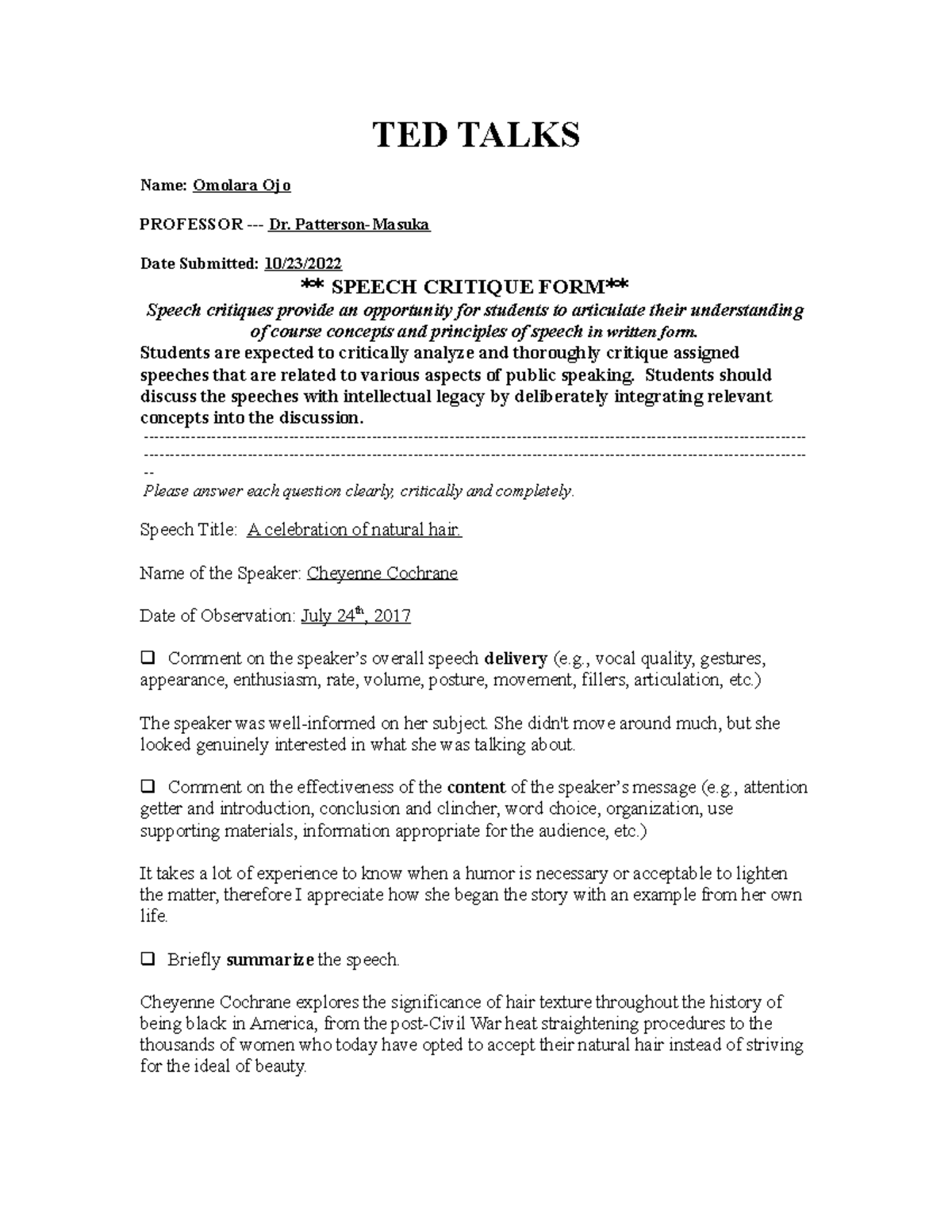 Ted Talk 7- A Celebration of Natural Hair- Omolara Ojo - TED TALKS Name ...