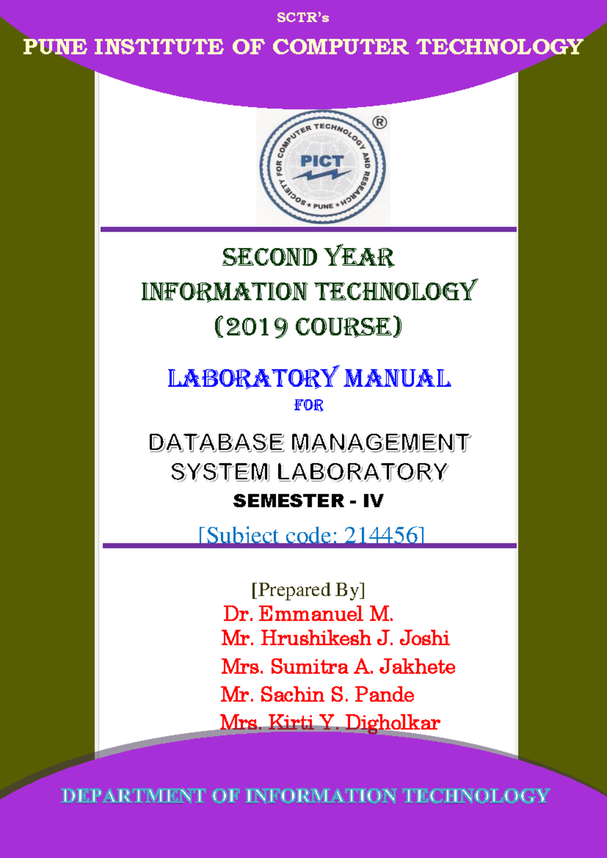 Database management systems lab manual Second Year - PICT, SE-IT ...