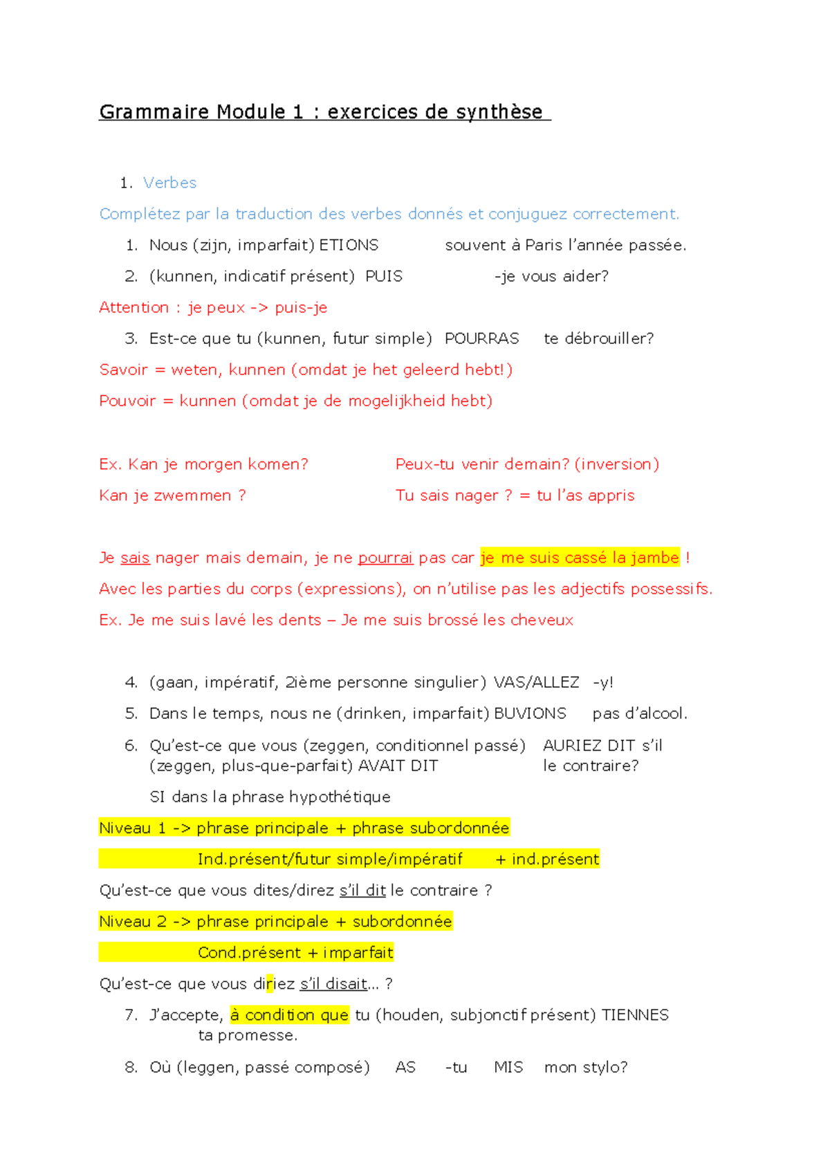 Exercices de synthèse corrigé - Grammaire Module 1 : exercices de synthèse Verbes Complétez par ...