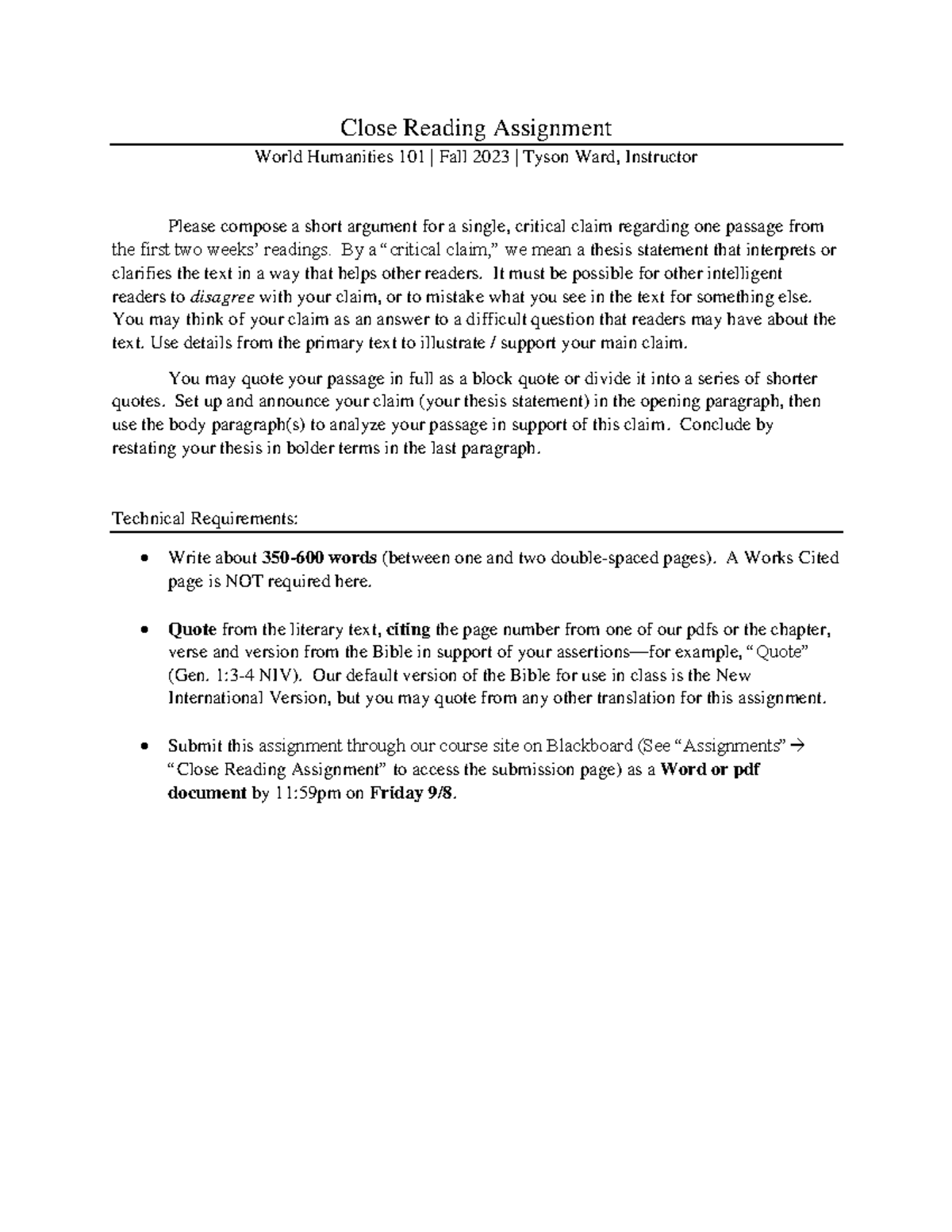 147811488 - assignment - Close Reading Assignment World Humanities 101 ...