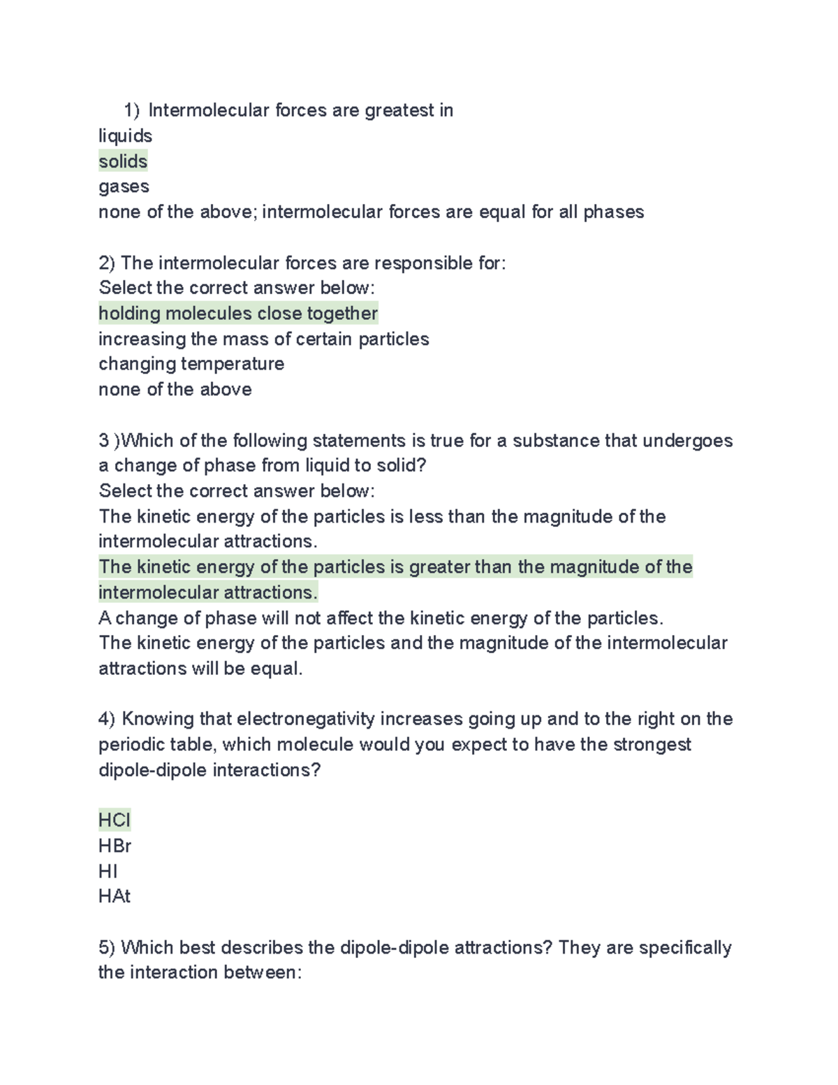 Chem notes pt. 1 - Some practice questions and answers - Intermolecular ...