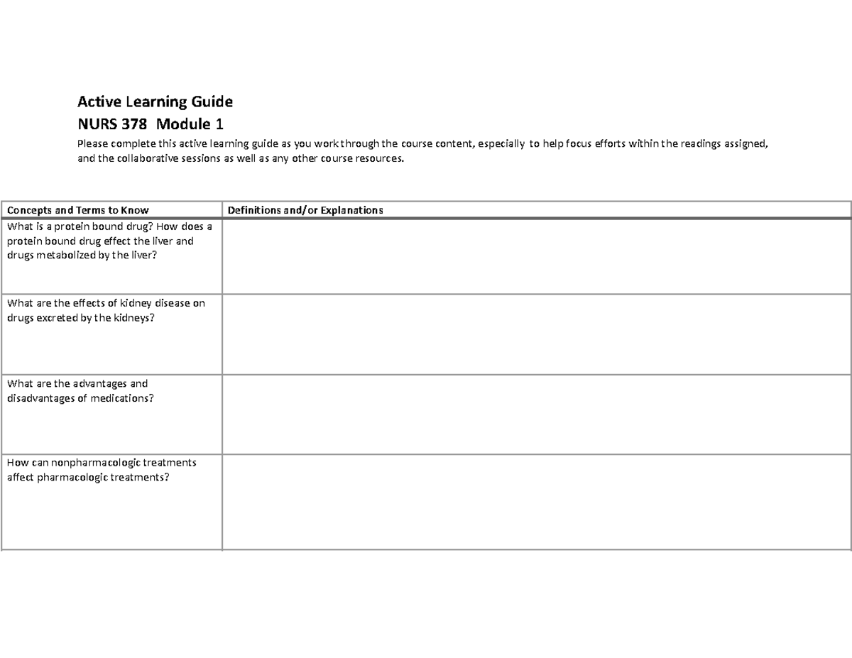 NUR378 Mod 1 - Module 1 main areas of study to prep for exam - Active Learning Guide NURS 378 ...