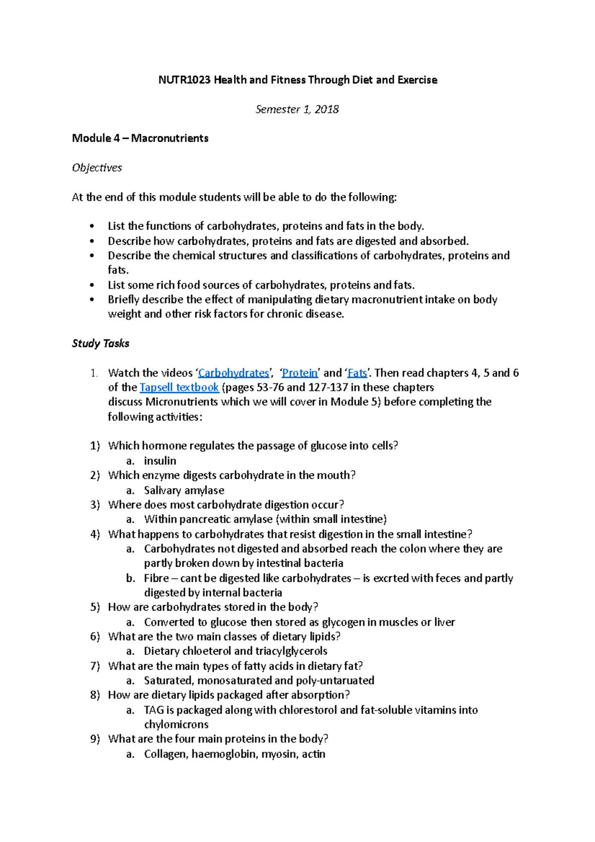 NUTR1023 - Module 4 - notes - NUTR1023 Health and Fitness Through Diet ...