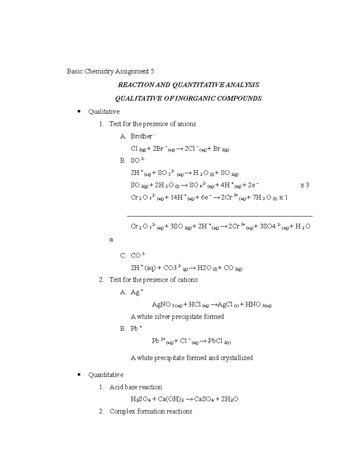 Reaction AND Quantitative Analysis - Basic Chemistry Assignment 5 ...