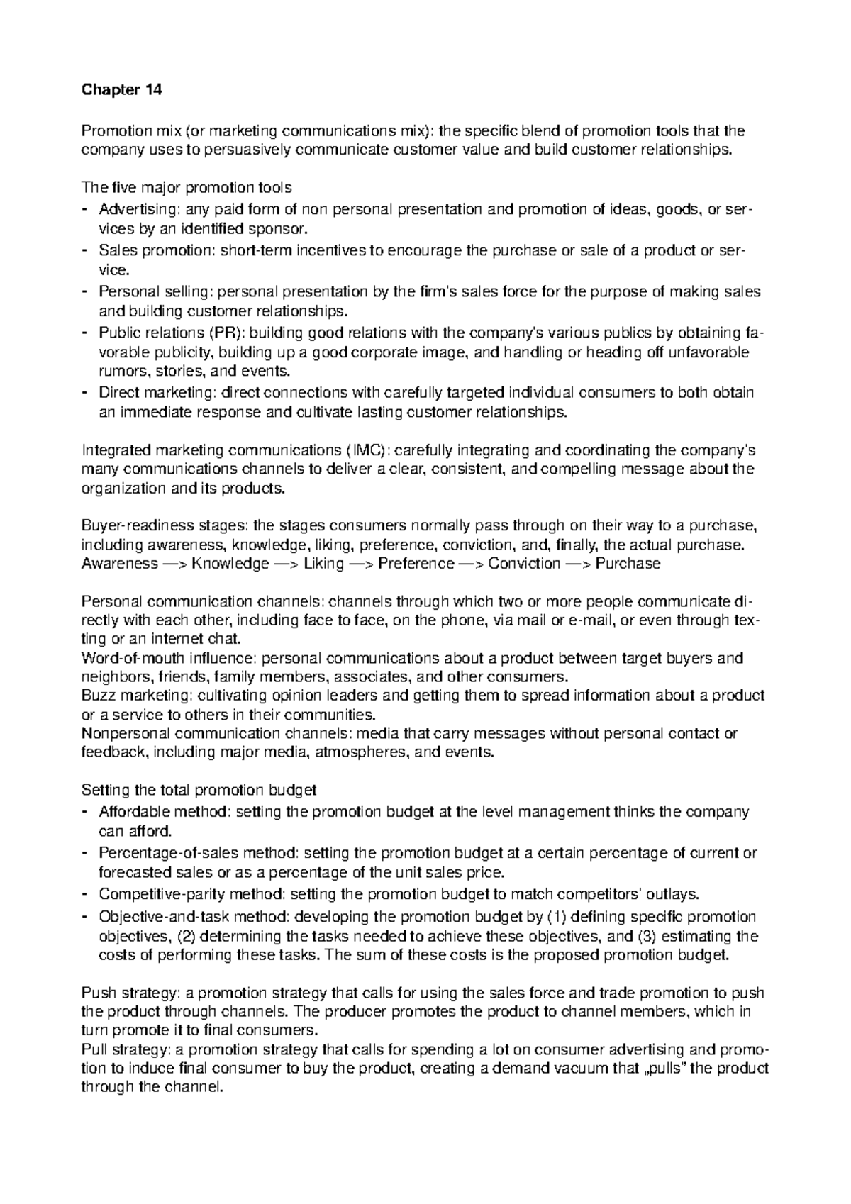 Summary Principles of Marketing - Chapter 14-16 - Chapter 14 Promotion ...