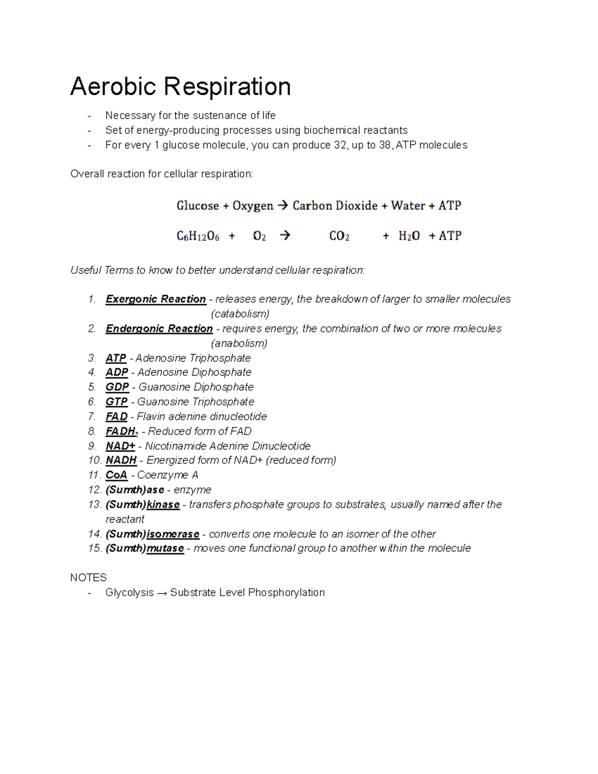 Biology Notes - Cellular Respiration (Glycolysis, Kreb's Cycle ...