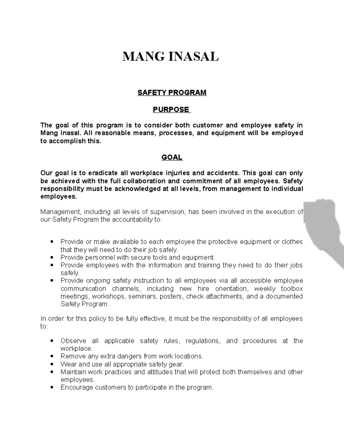 LA Safety Program - none - MANG INASAL SAFETY PROGRAM PURPOSE The goal ...