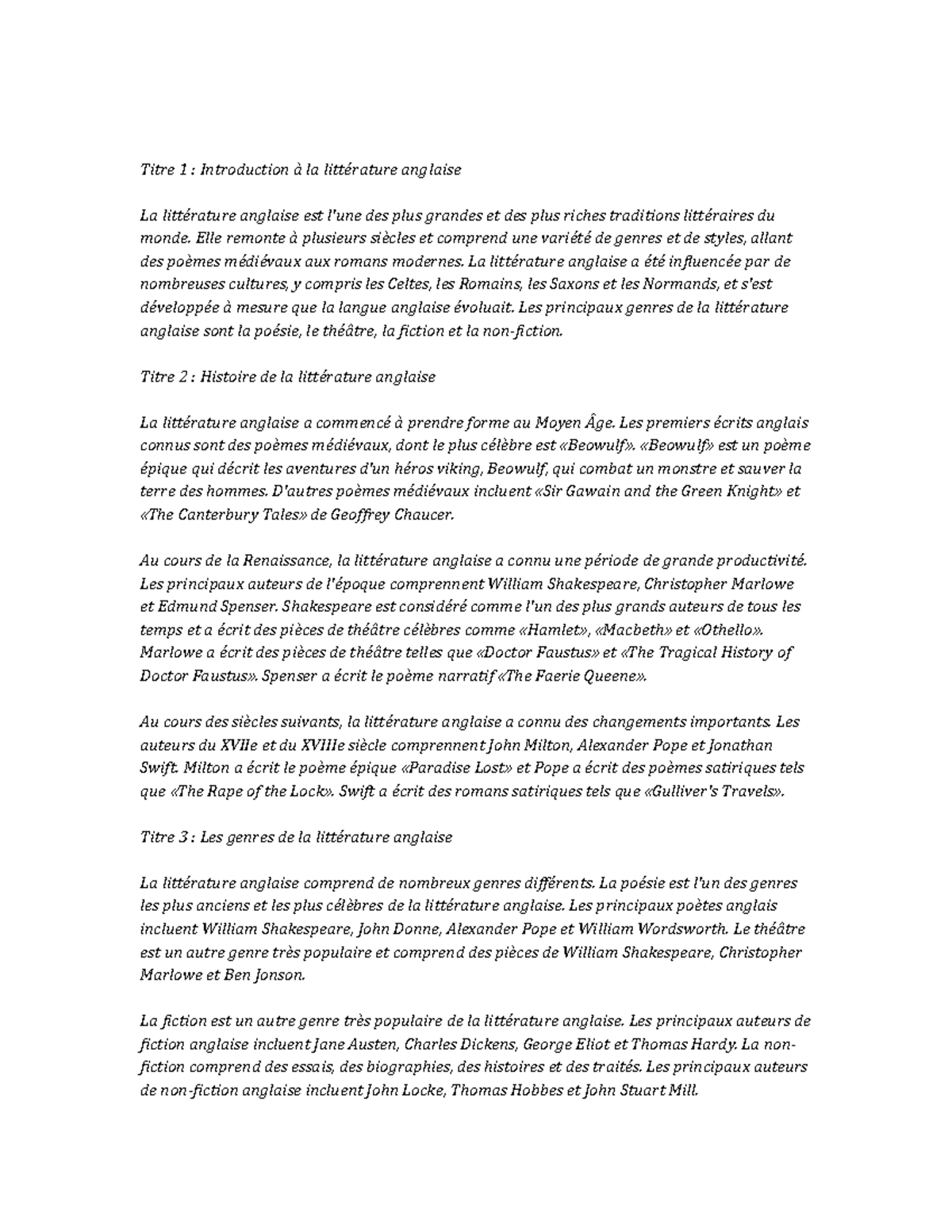 English Literature Study Notes - Titre 1 : Introduction à la ...