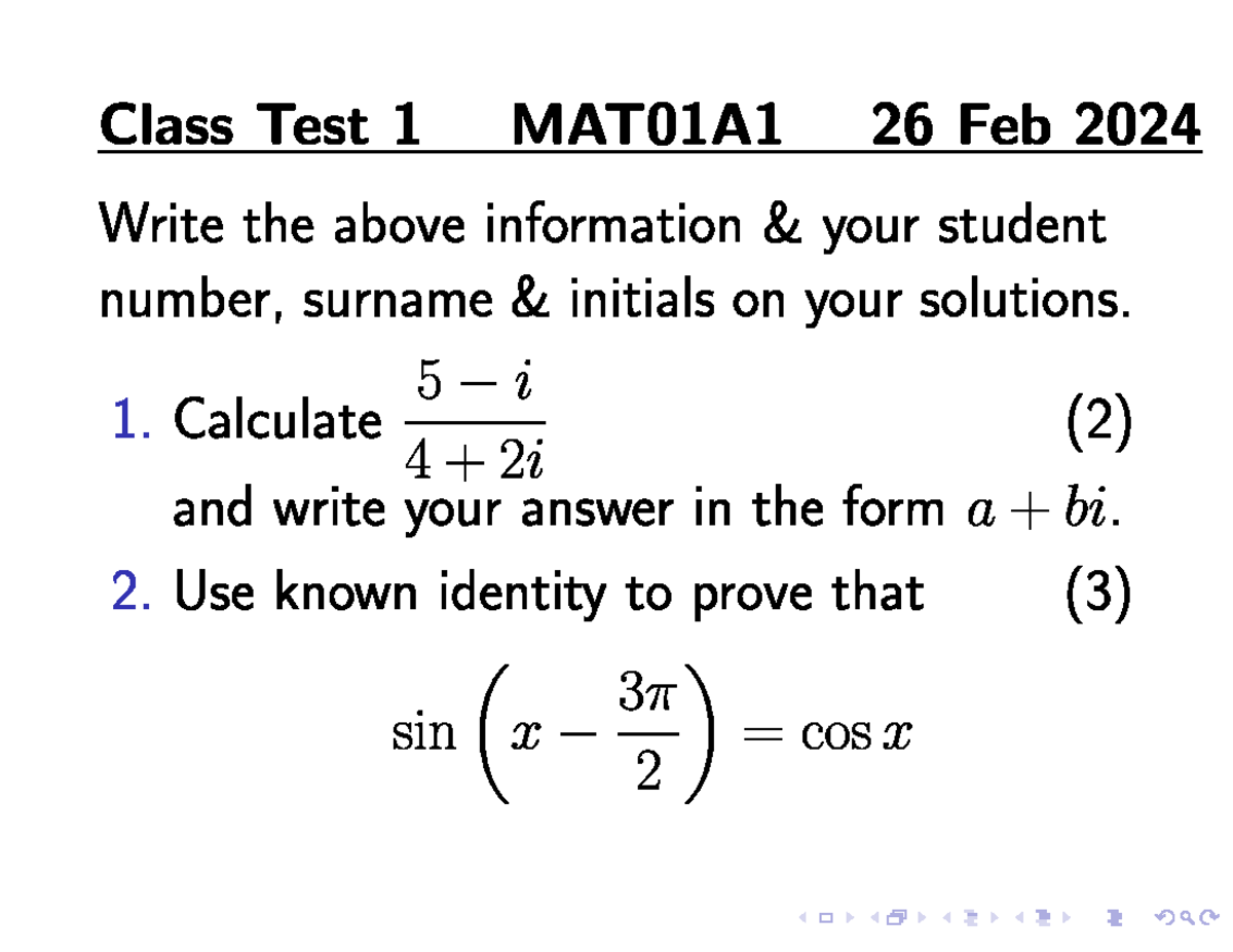 MAT01A1 Class test 1 Session 1 2024 MEMO - MAT01A1 - Studocu