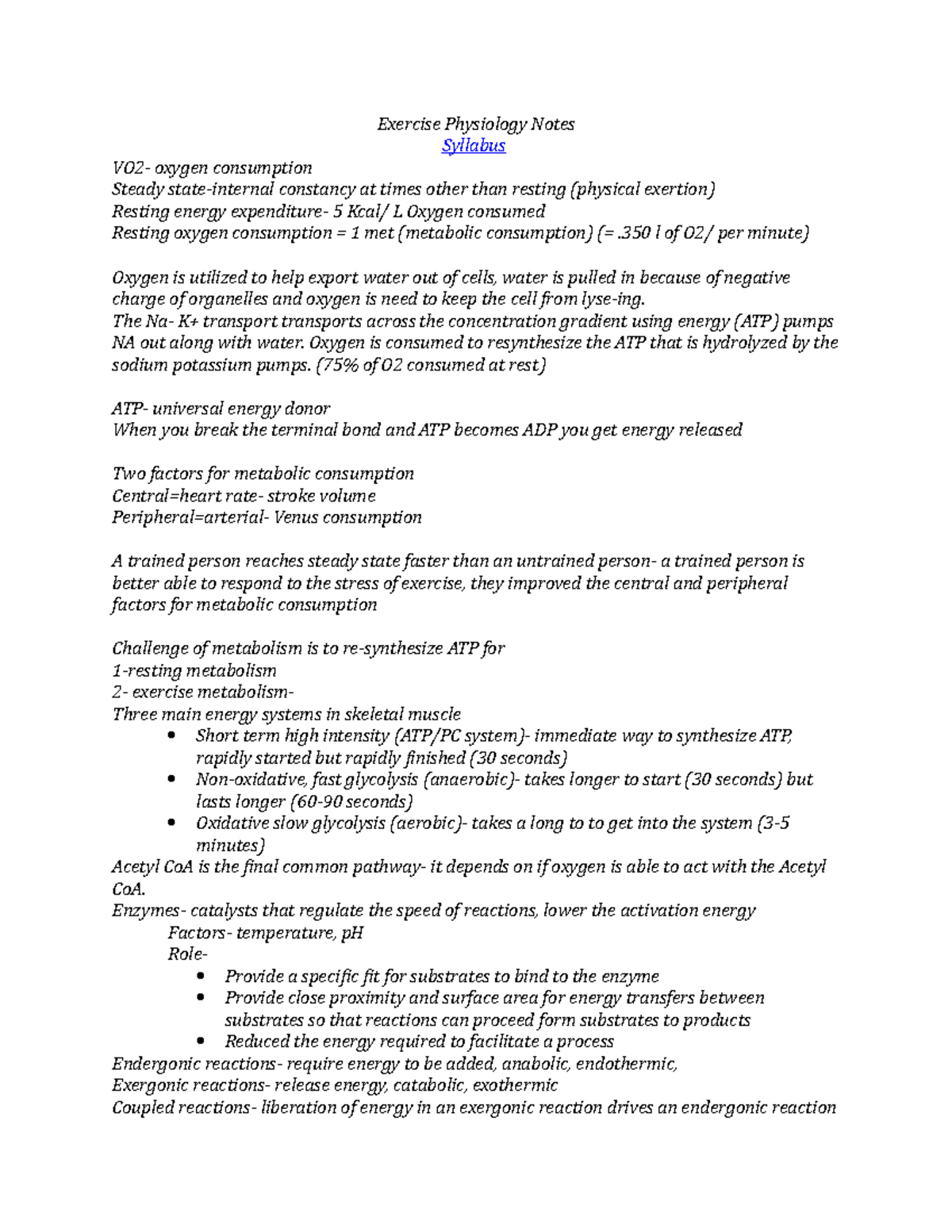 Exercise Physiology Notes - 350 l of per minute) Oxygen is utilized to ...