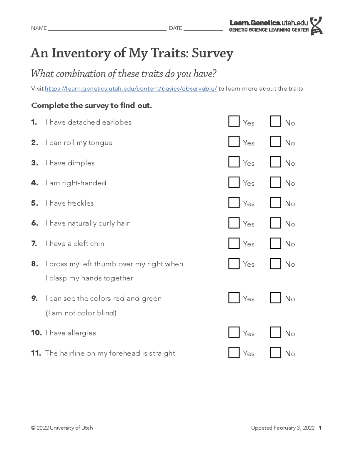 An Inventory of My Traits student - © 2022 University of Utah Updated ...