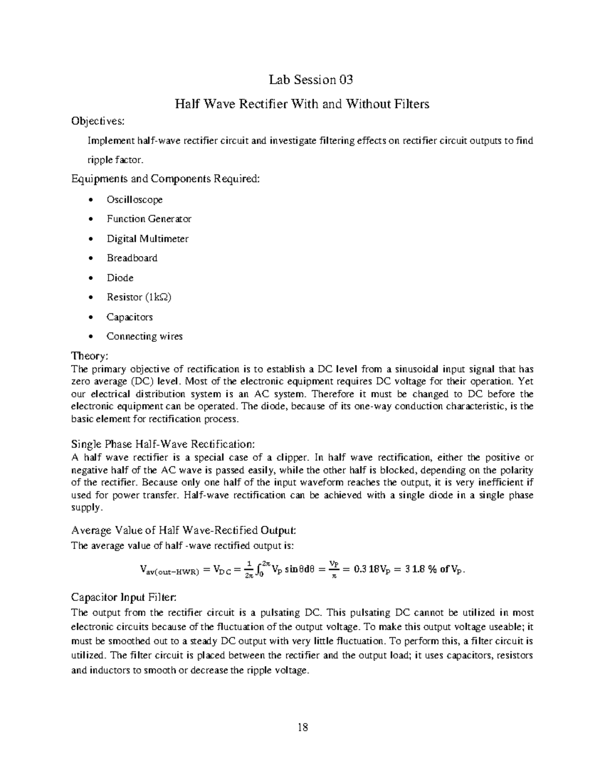 Lab#3 - Course for basic electronics - Lab Session 03 Half Wave ...