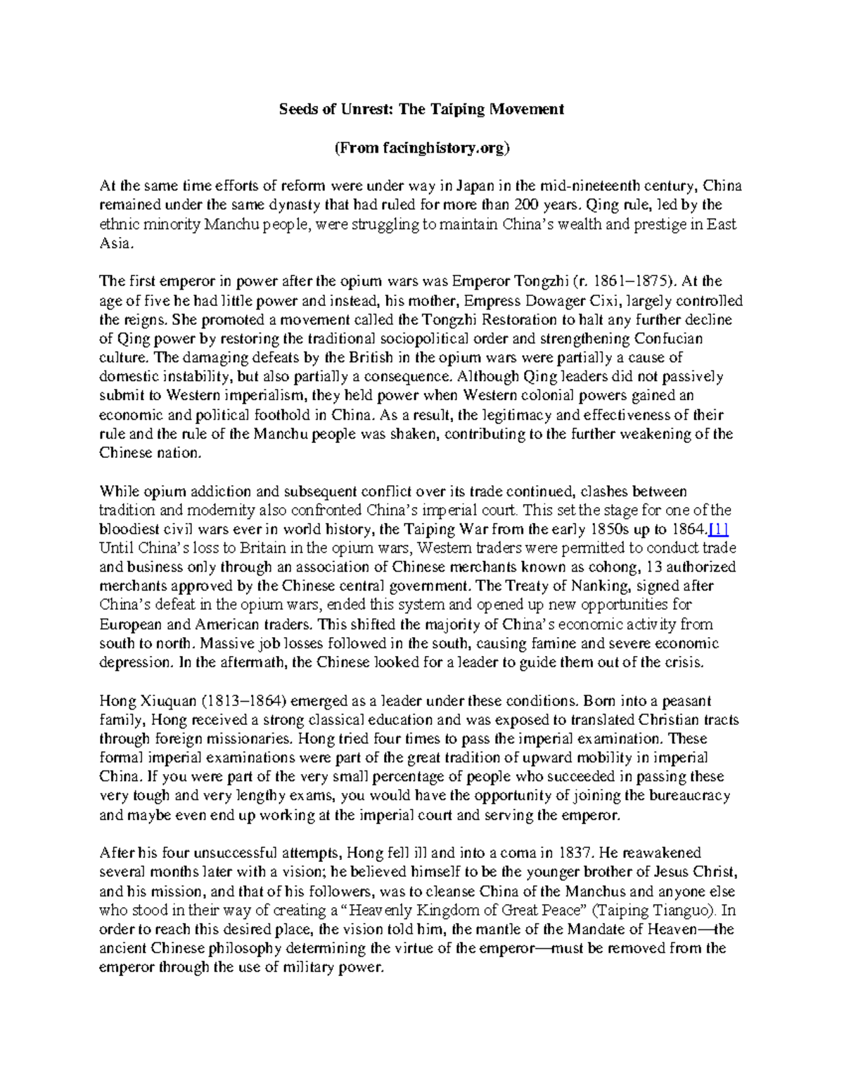 Taiping Rebellion Optional Reading - Seeds of Unrest: The Taiping ...