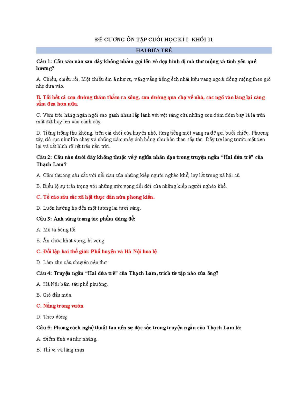 Văn - diidid - ĐỀ CƯƠNG ÔN TẬP CUỐI HỌC KÌ I- KHỐI 11 HAI ĐỨA TRẺ Câu 1 ...