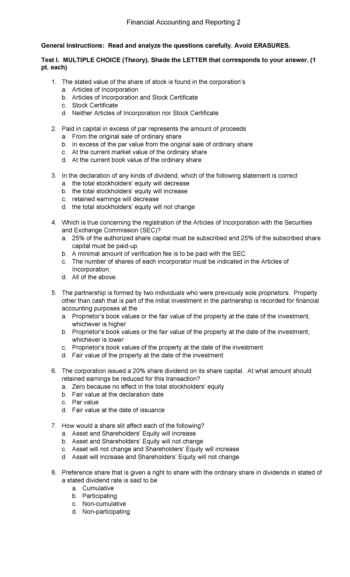 Financial Accounting and Reporting 2- Practice Exam - Financial ...