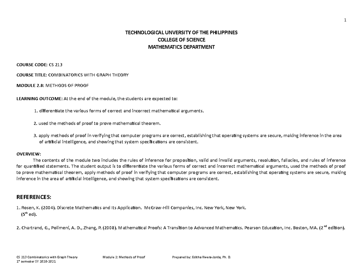 Module 2.0 Methods of Proof - TECHNOLOGICAL UNVERSITY OF THE ...