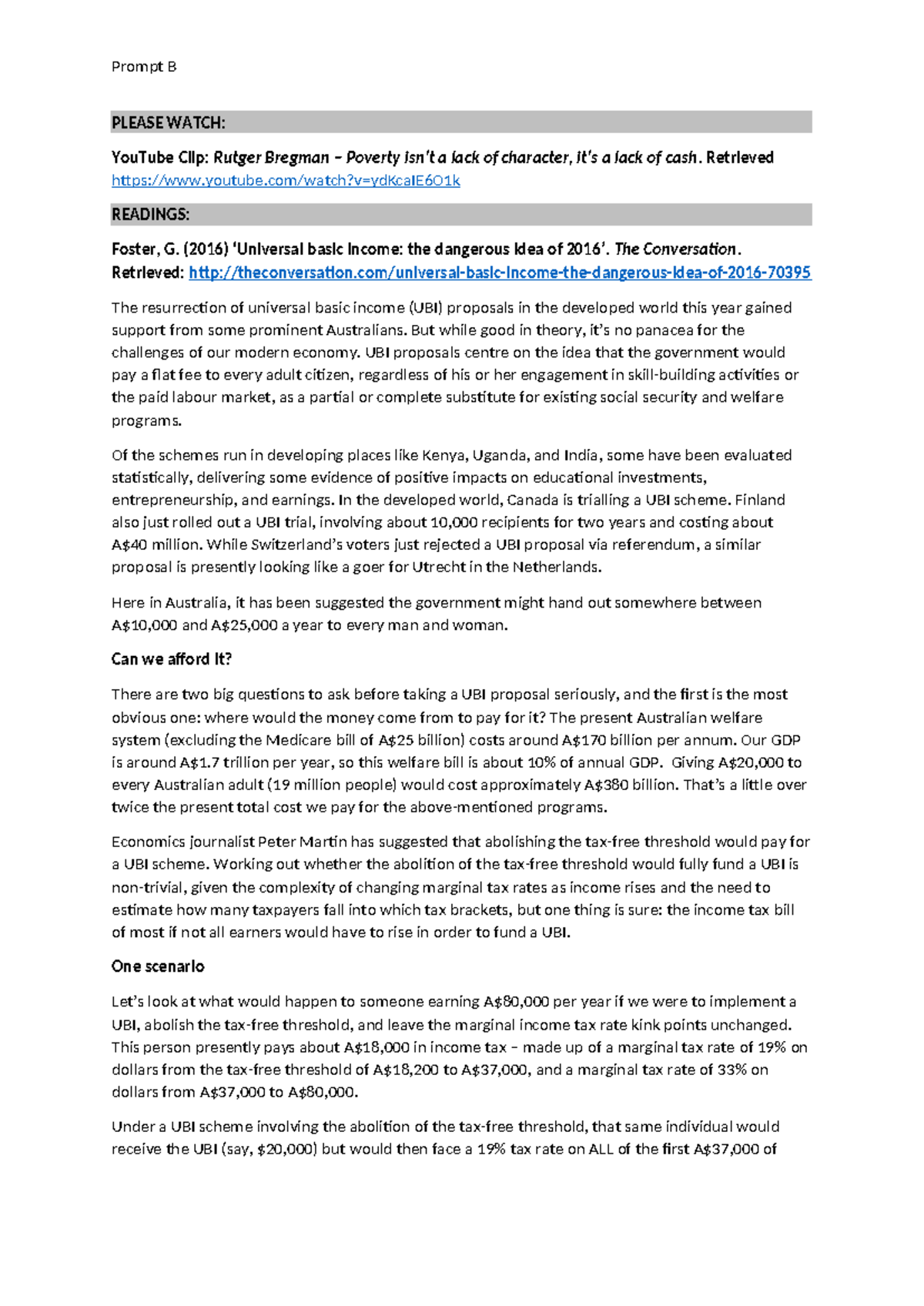 Reading B - Universal Basic Income - Prompt B PLEASE WATCH: YouTube ...