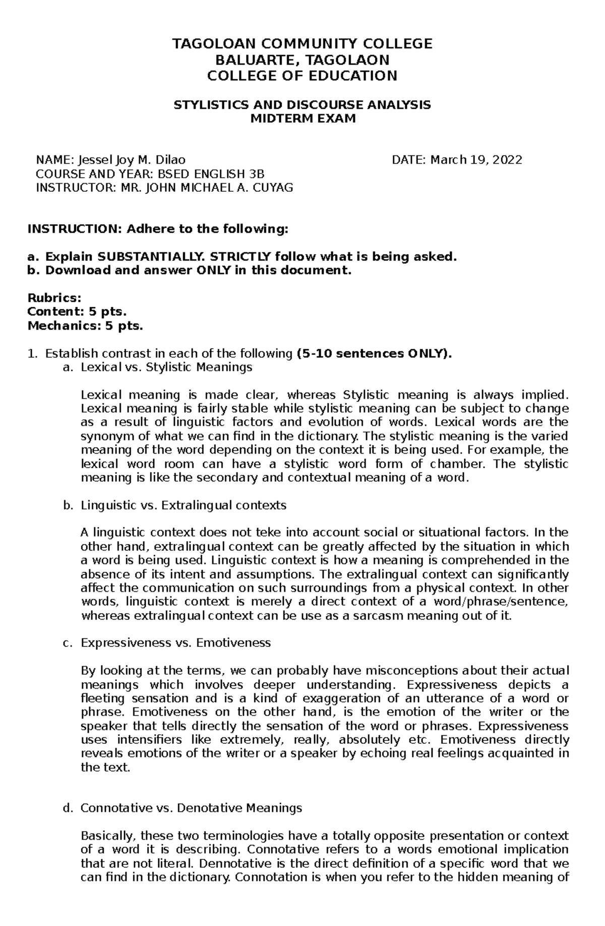 Midterm Essay - TAGOLOAN COMMUNITY COLLEGE BALUARTE, TAGOLAON COLLEGE ...