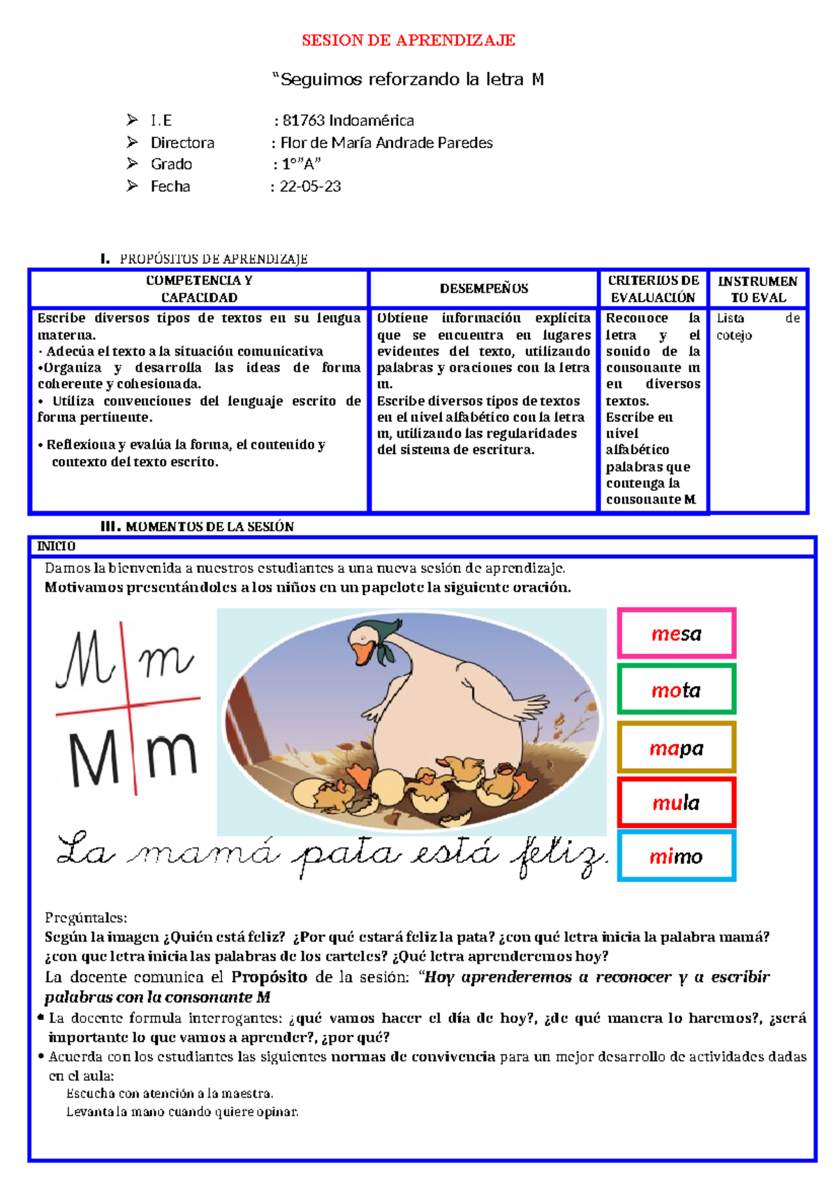 Sesion -COM- Seguimos Reforzamos LA Letra M - SESION DE APRENDIZAJE ...