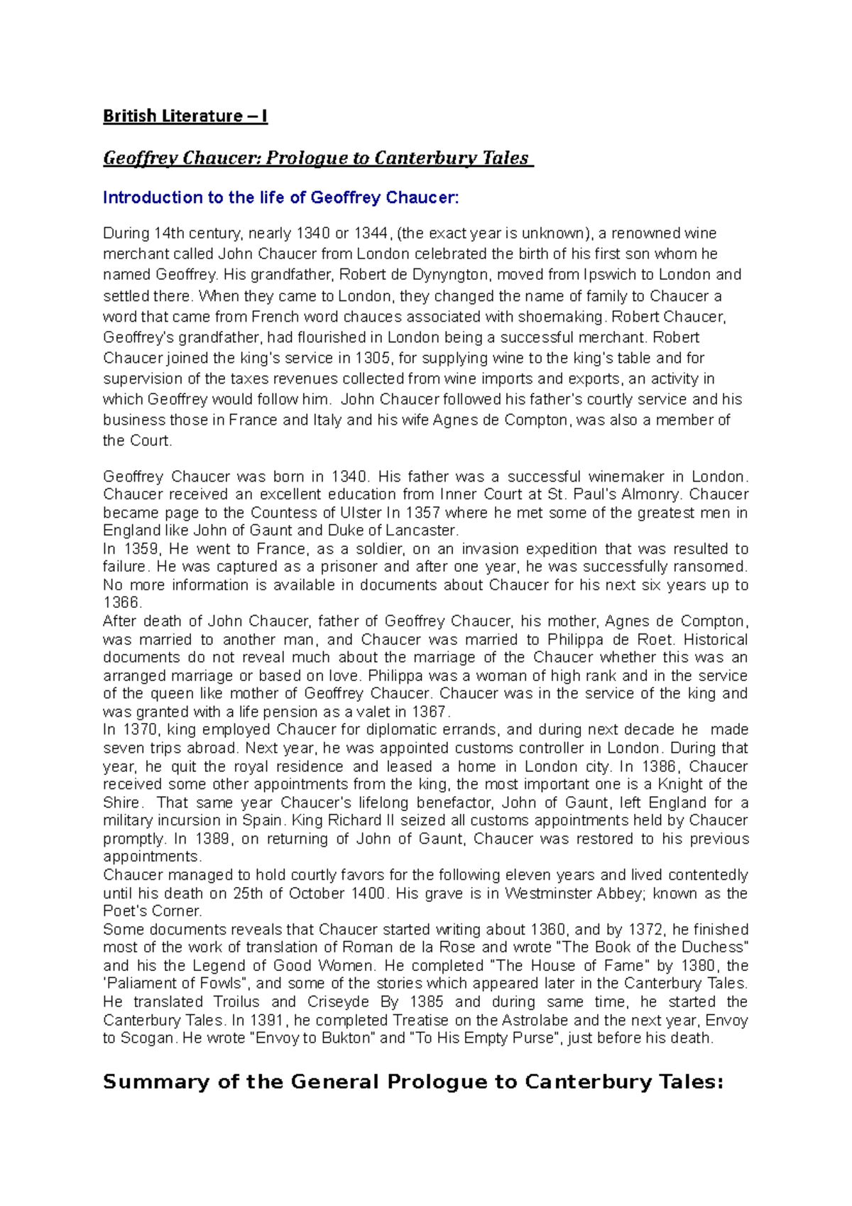 British Literature – I - hfyjhjj - British Literature – I Geoffrey ...