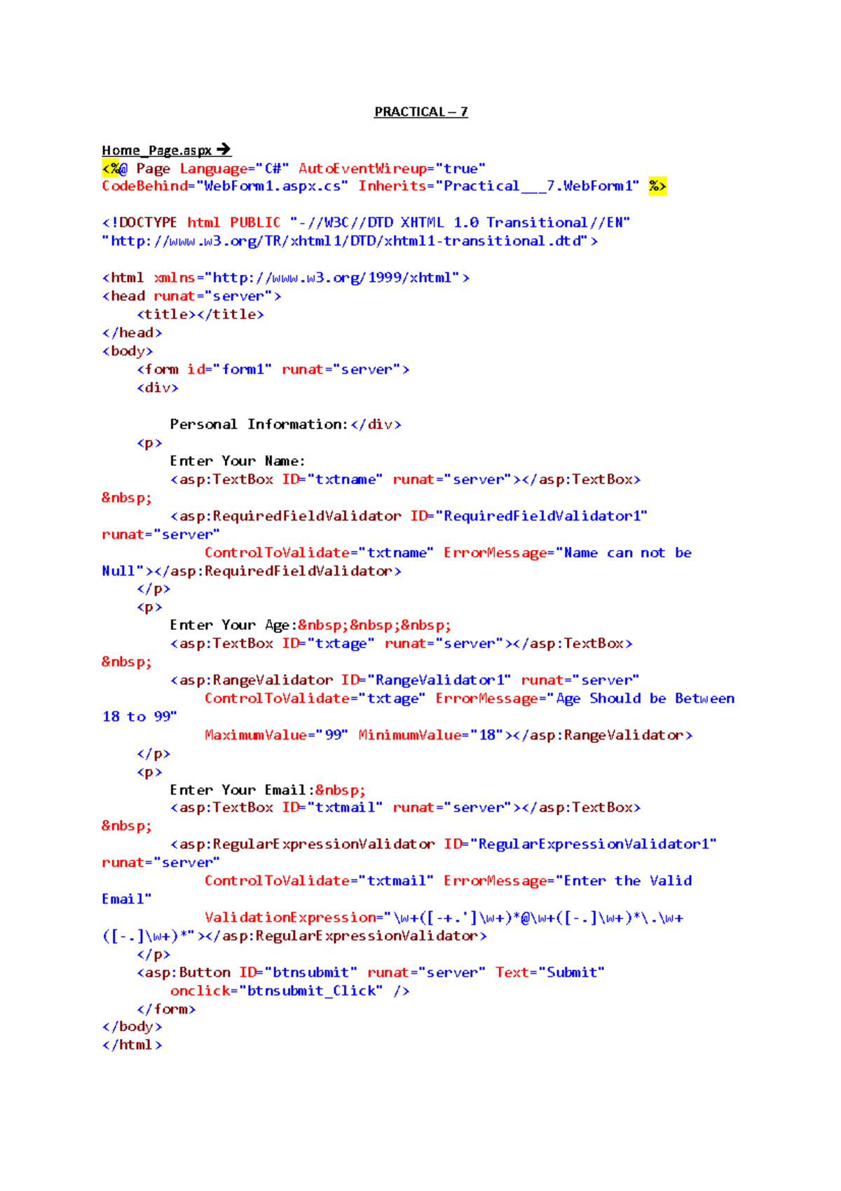 dot net practical 13 - PRACTICAL – 7 Home_Page