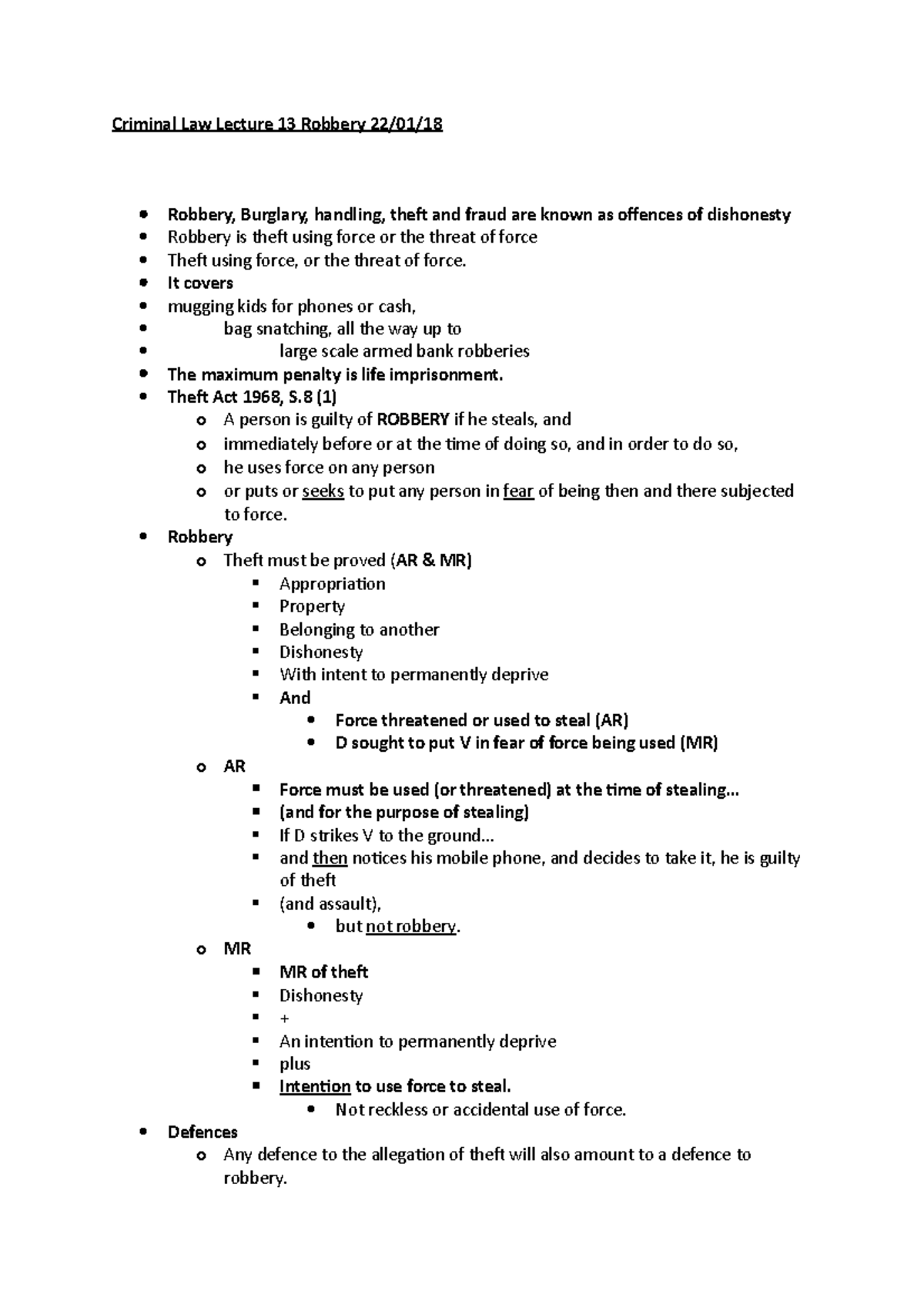 Criminal Law Lecture 13 Robbery 22 - Criminal Law Lecture 13 Robbery 22 ...