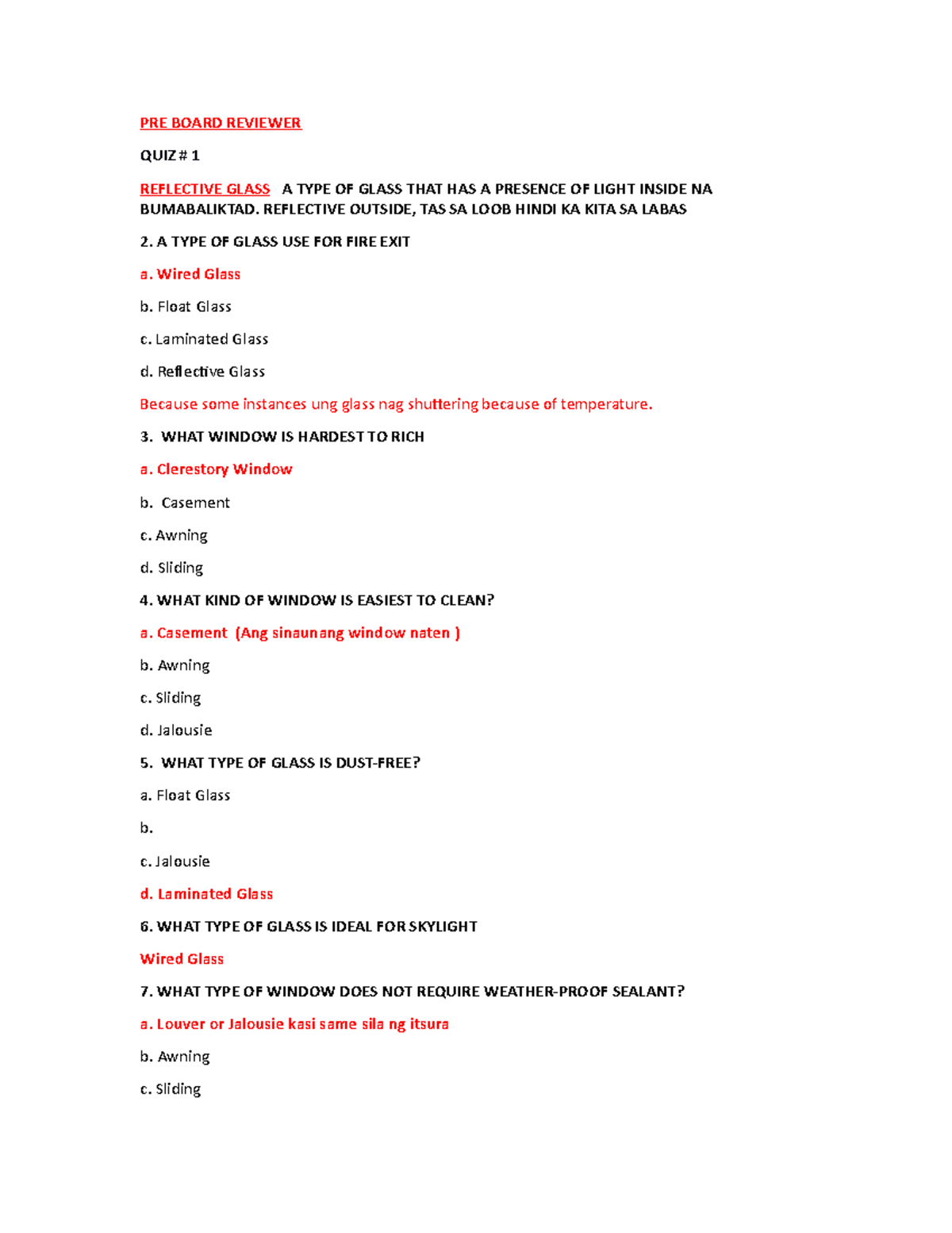 Windows AND Glass Q AND A - PRE BOARD REVIEWER QUIZ # 1 REFLECTIVE ...
