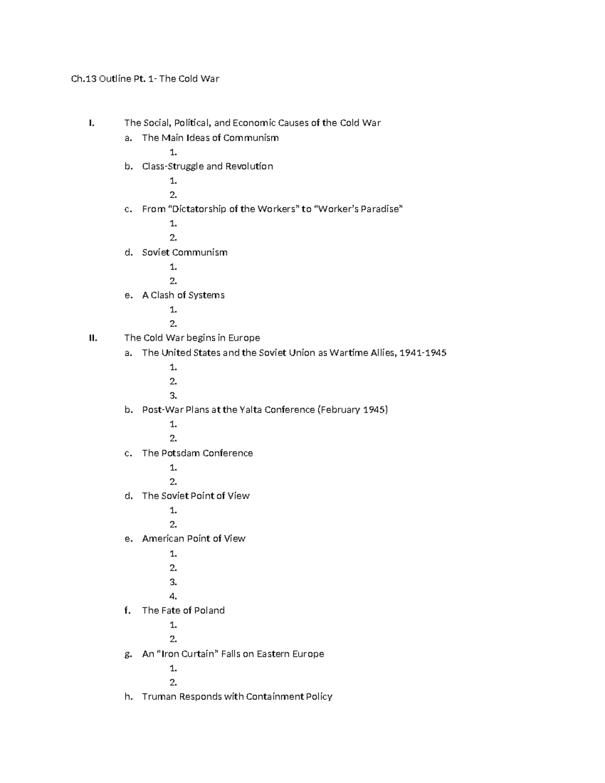 Ch.13 Outline - History - Ch Outline Pt. 1- The Cold War I. The Social ...