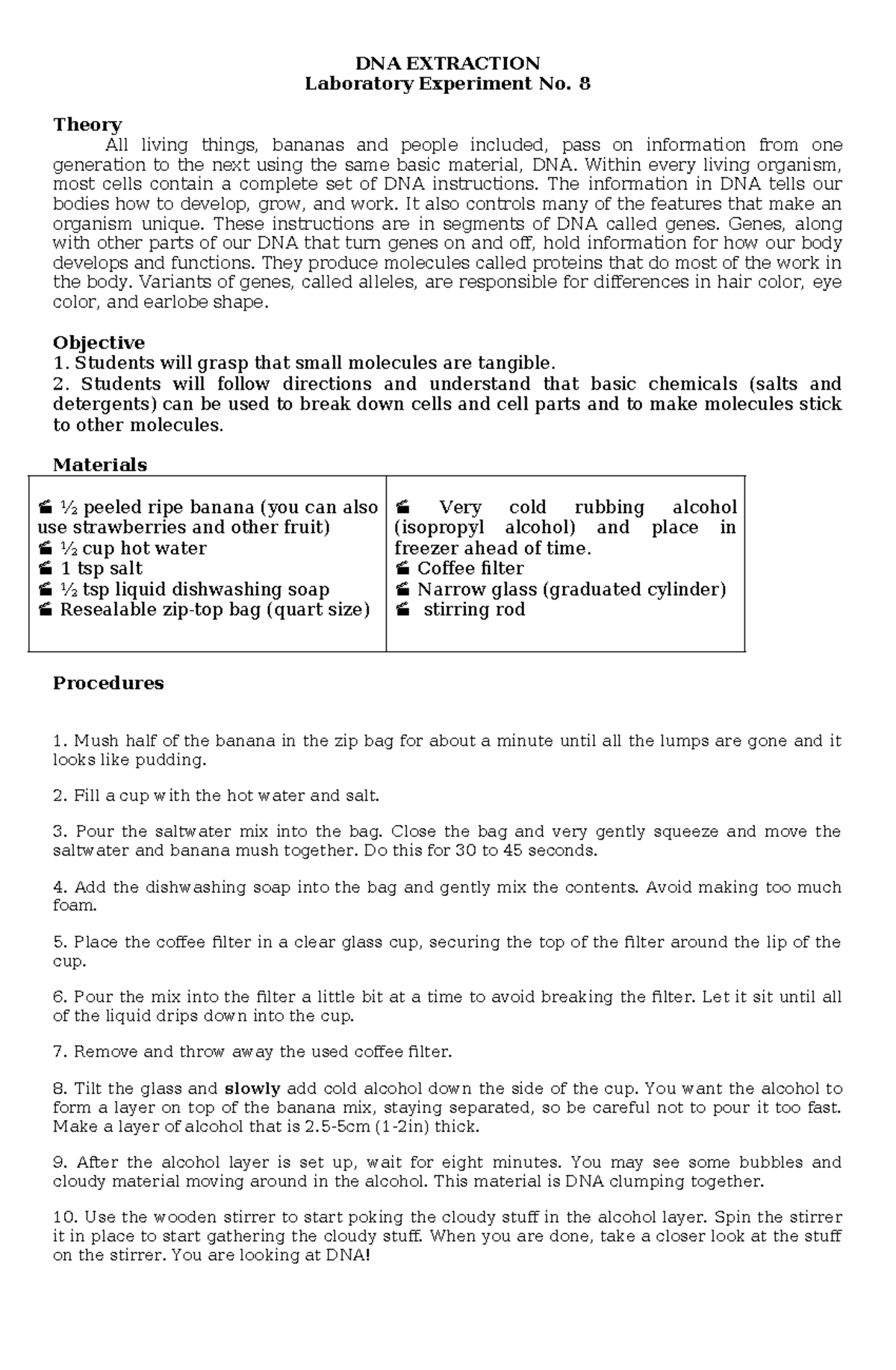 Laboratory 8 DNA Extraction 2 - DNA EXTRACTION Laboratory Experiment No ...
