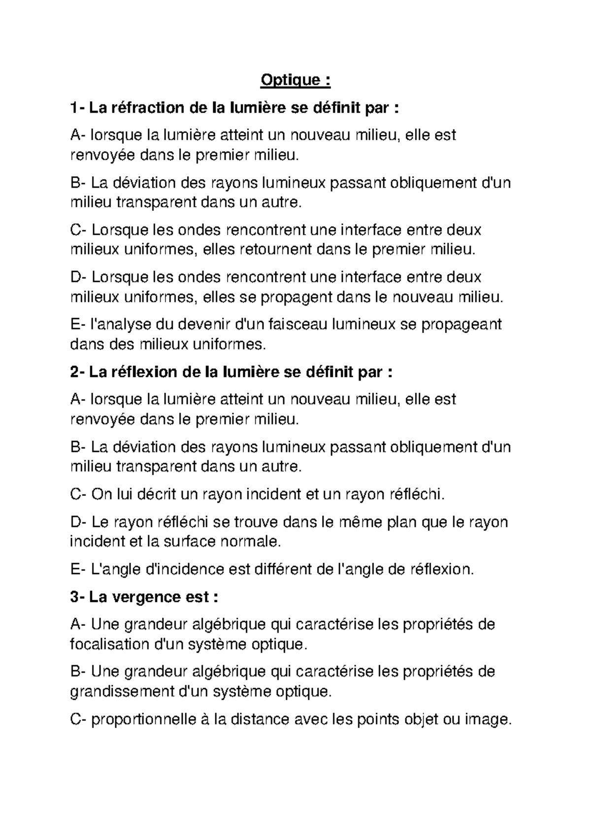 QE Optique SANS reponse - Optique : 1 - La réfraction de la lumière se ...
