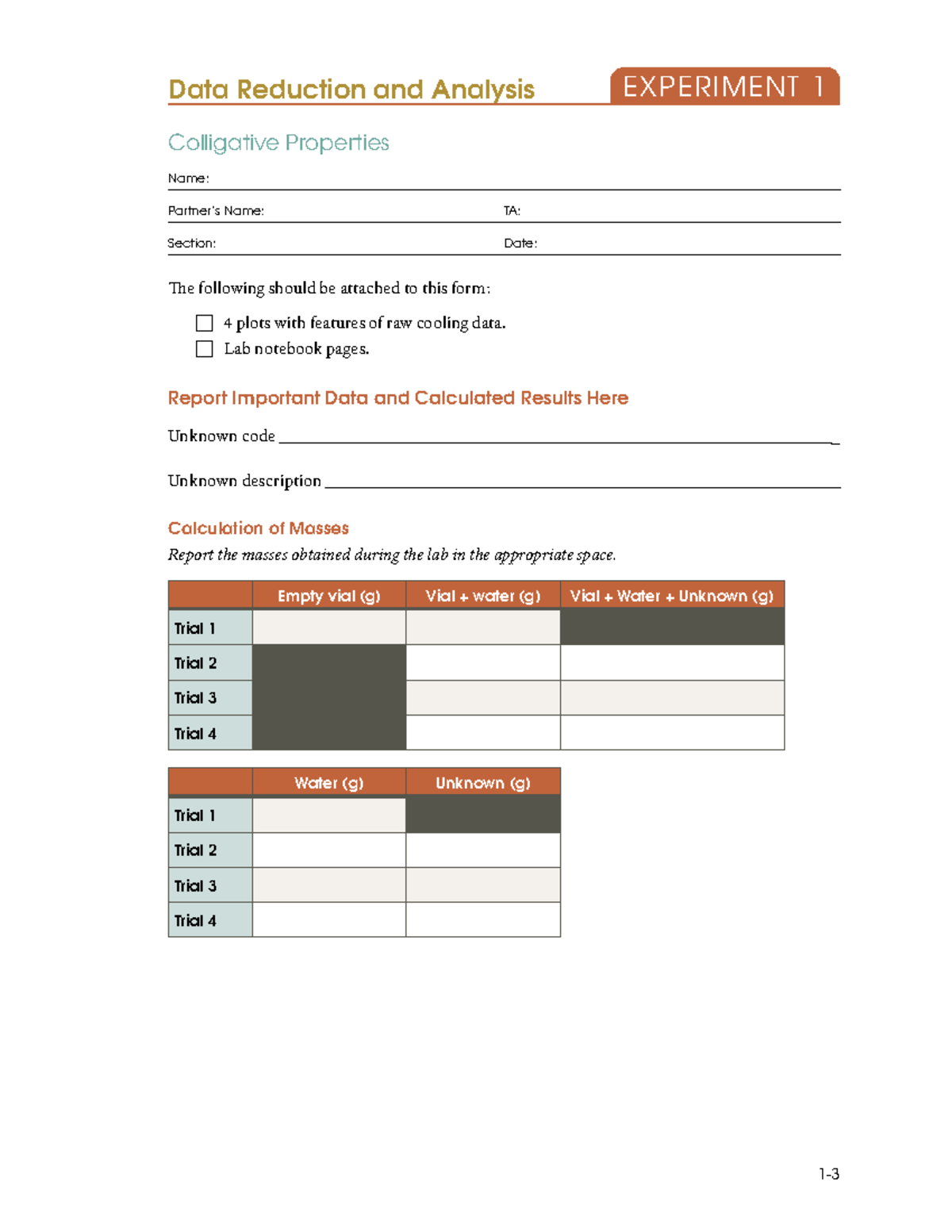 Experiment 1 Data Response Activity Sheet - Data Reduction and Analysis ...