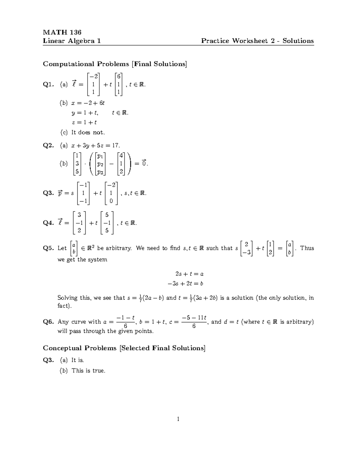 Practice Worksheet 2 Solutions - MATH 136 Linear Algebra 1 Practice ...