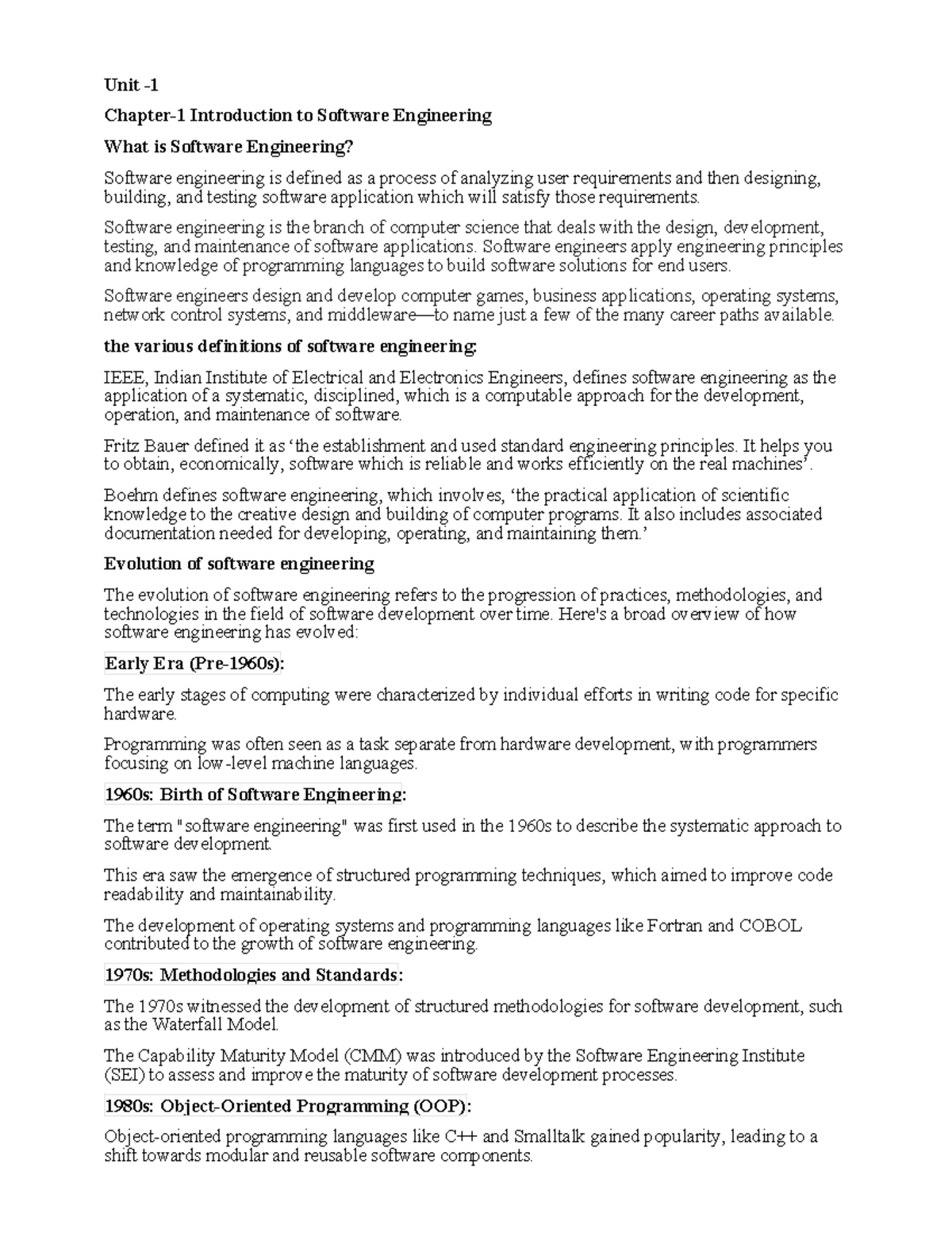 So!ftware engineeringch-1 - Unit - Chapter-1 Introduction to Software Engineering What is ...