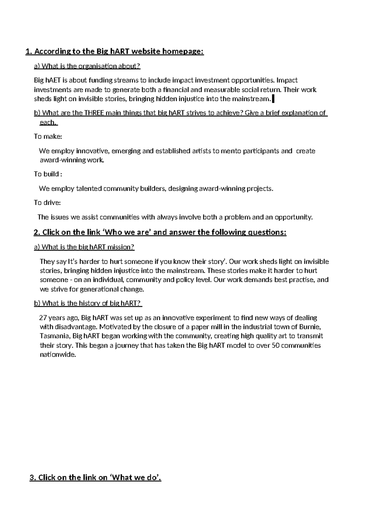 Namatjira questions - 1. According to the Big hART website homepage: a ...