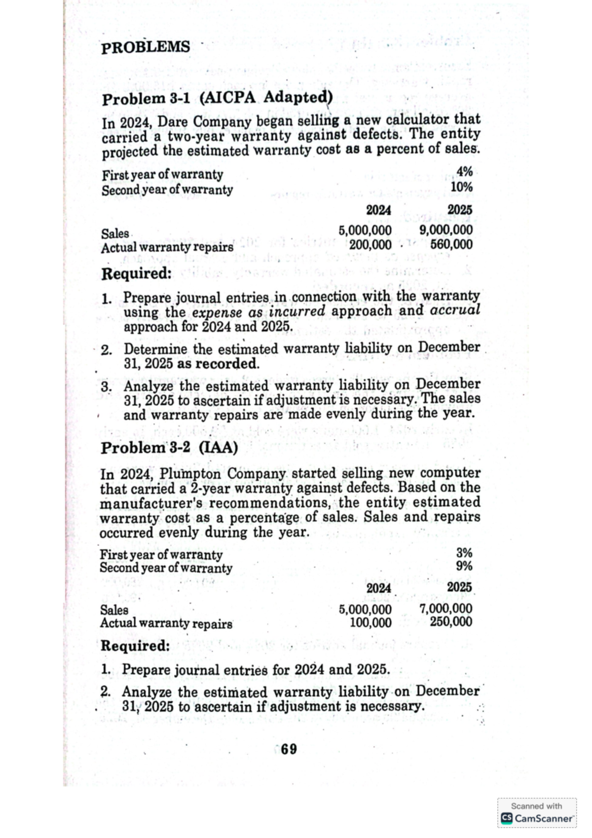 Warranty-Lesson 3 - IA2 - PROBLEMS Problem (AICPA Adapted) In 2024, Dare Company began selling a ...
