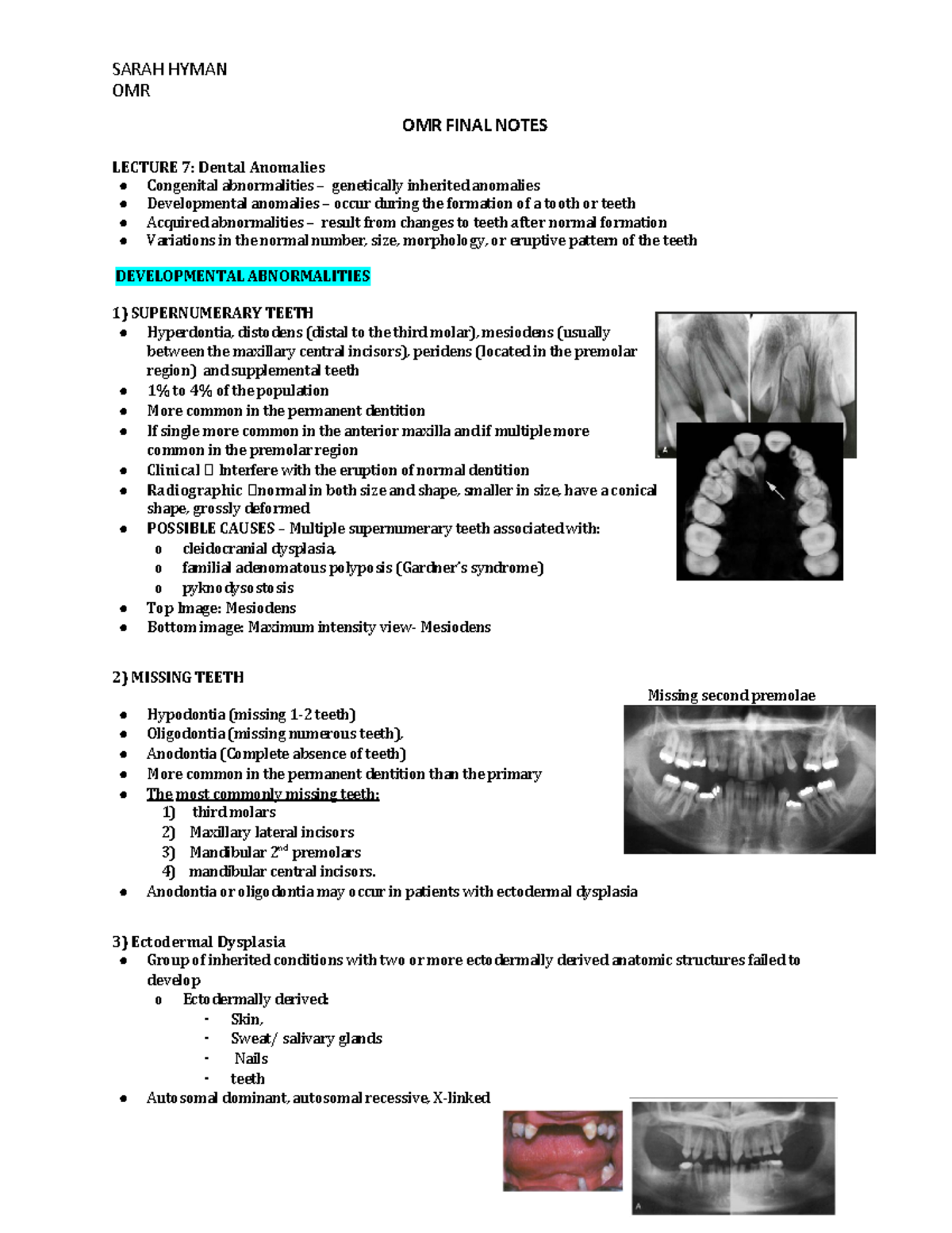 OMR Final Notes - OMR OMR FINAL NOTES LECTURE 7: Dental Anomalies ...