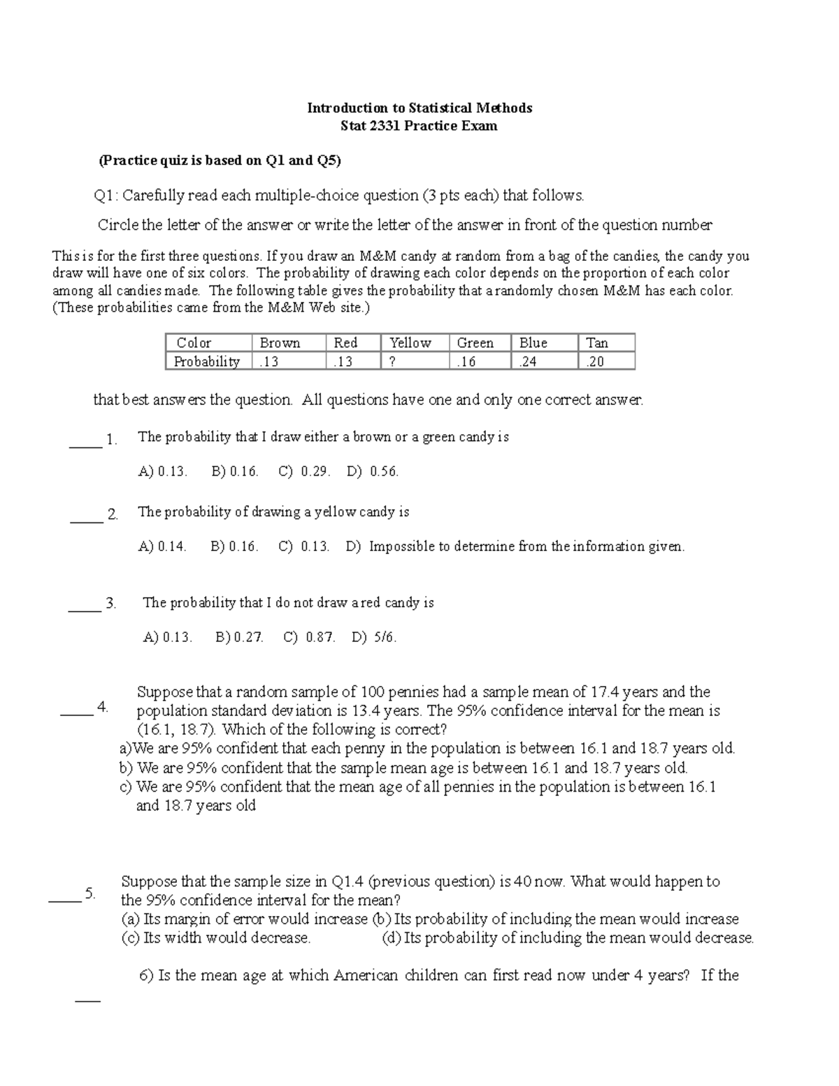 STAT Practice exam 2 - Introduction to Statistical Methods Stat 2331 Practice Exam (Practice ...