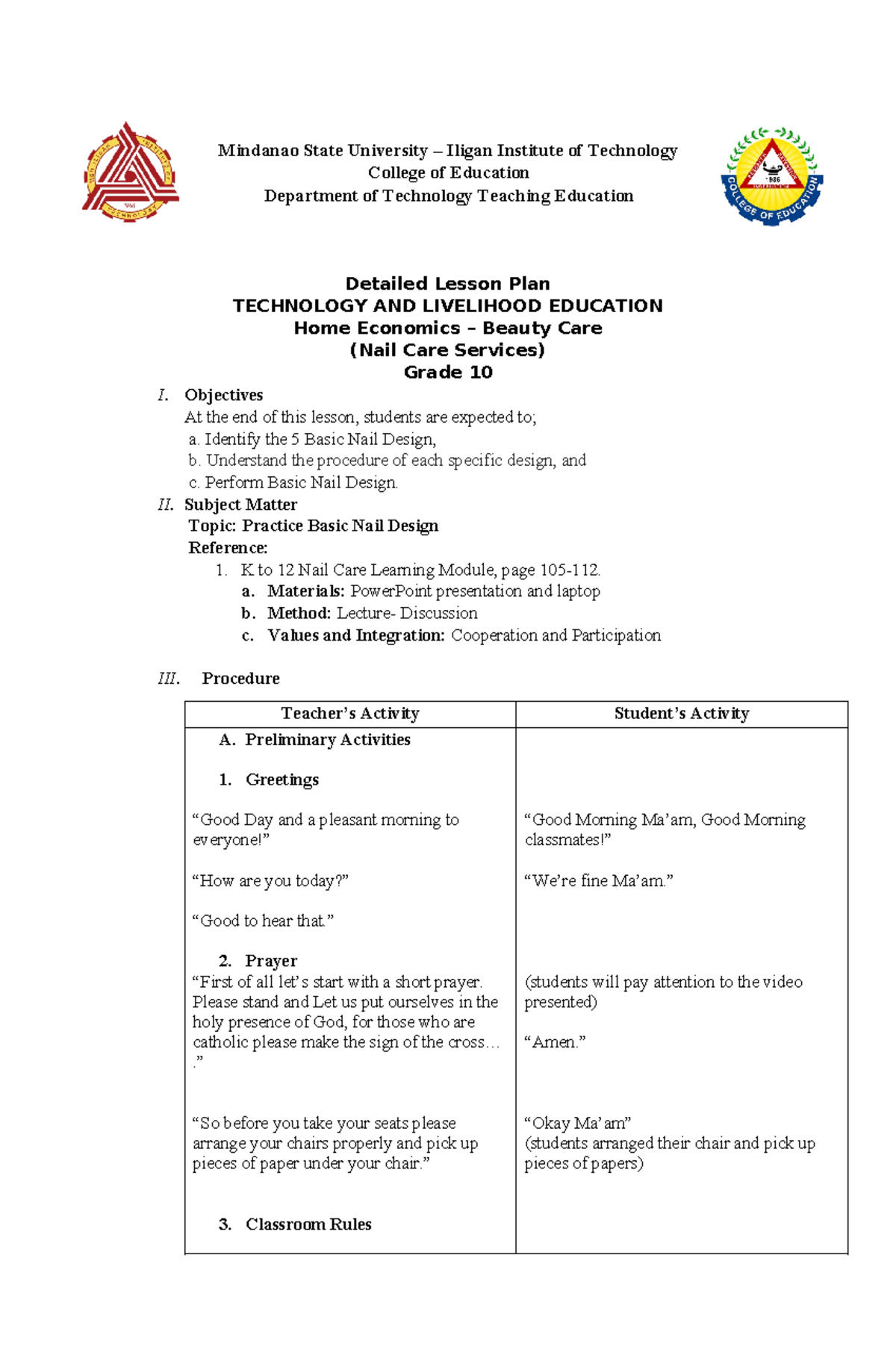 627887111 Detailed Lesson Plan Basic Nail Design - Mindanao State ...