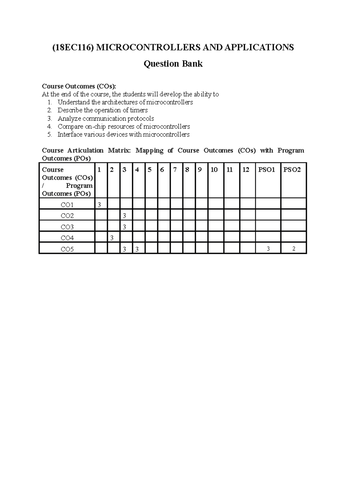 MCA Question Bank - (18EC116) MICROCONTROLLERS AND APPLICATIONS Question Bank Course Outcomes ...