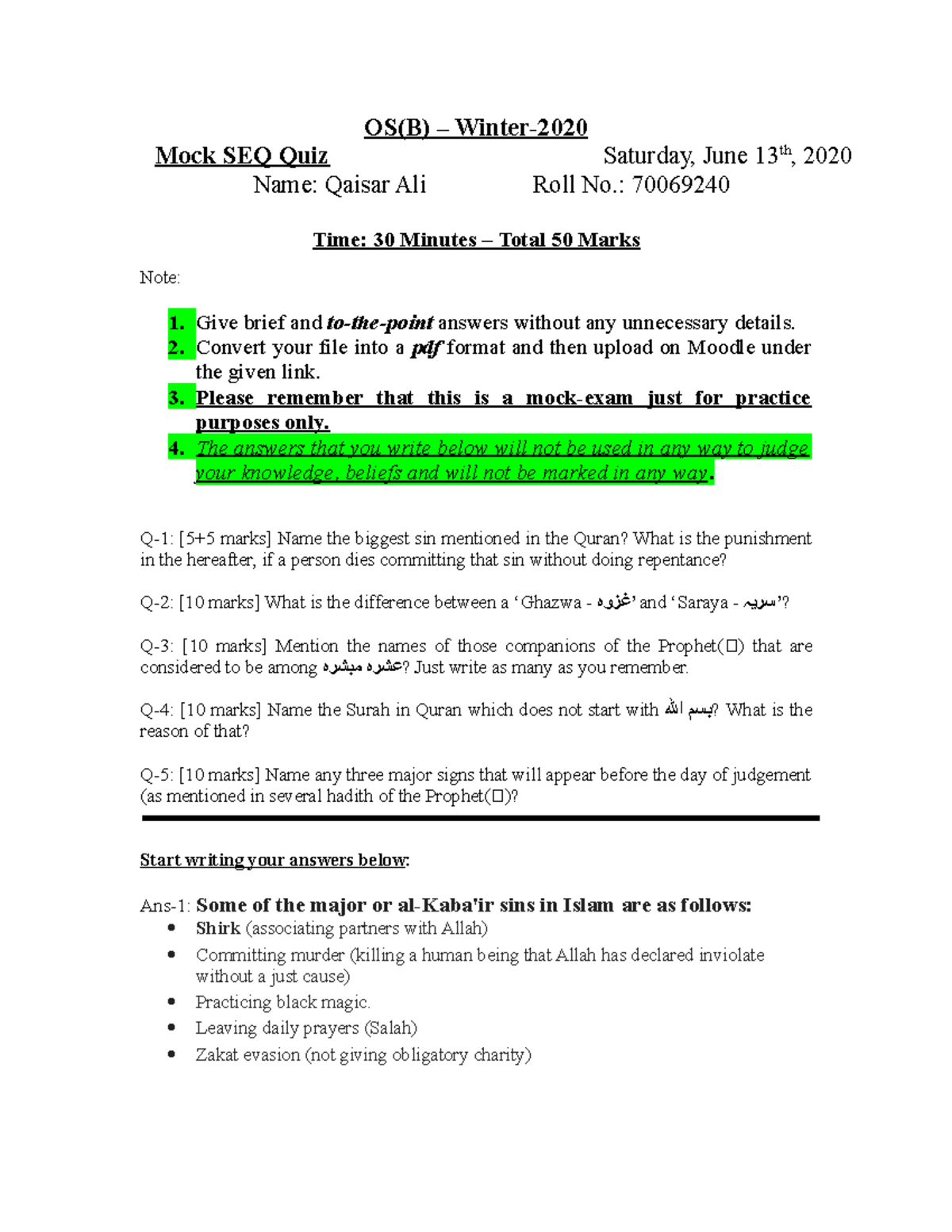 Sample/practice exam - OS(B) – Winter- Mock SEQ Quiz Saturday, June ...