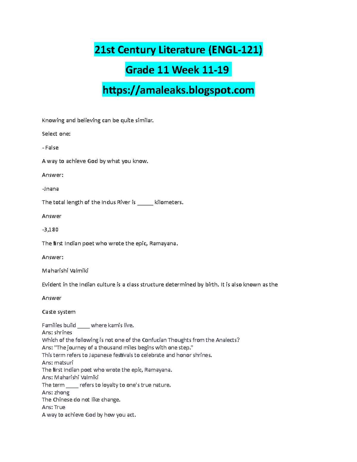 [ Amaleaks. Blogspot.COM] 21st Century (ENGL-121) - Grade 11 Week 11-19 ...