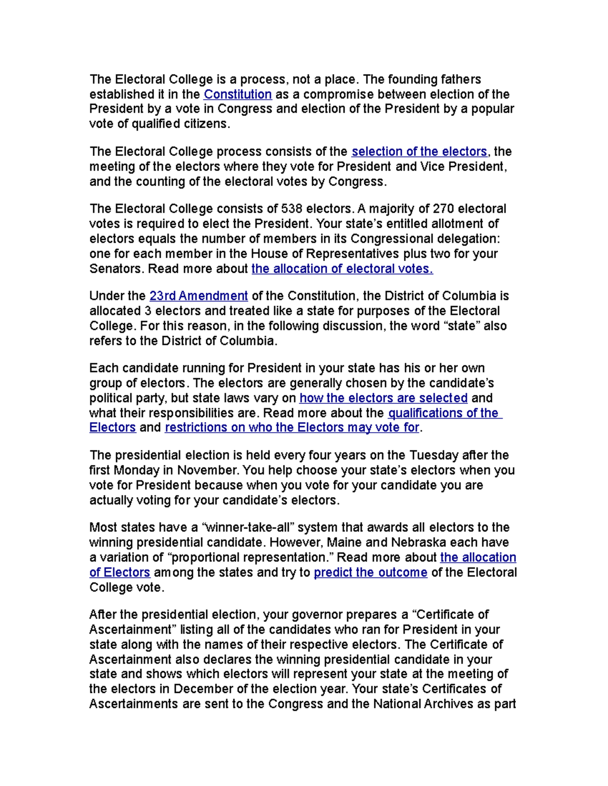 The Electoral College is a process - The founding fathers established ...