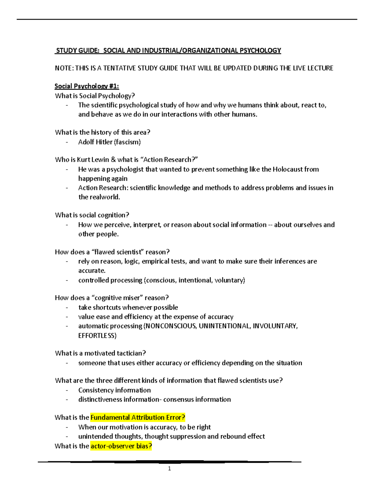 Study Guide Social AND Industrial- Organizational Psychology - STUDY ...