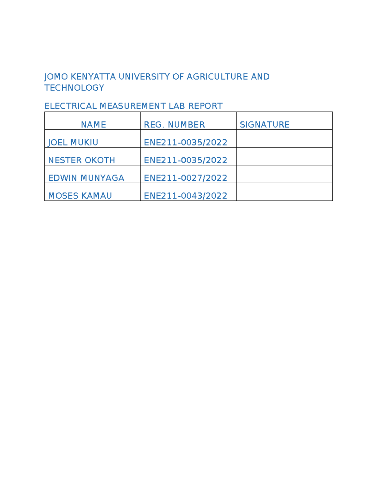 Electrical Measurement Report - JOMO KENYATTA UNIVERSITY OF AGRICULTURE AND TECHNOLOGY ...
