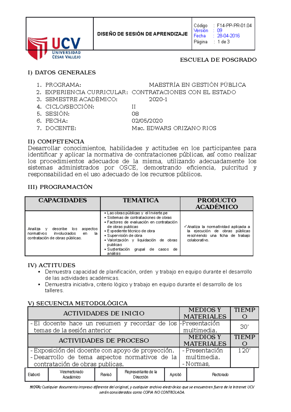 Sesion de Aprendizaje 08 Contrata - DISEÑO DE SESIÓN DE APRENDIZAJE Código : F14-PP-PR-01 ...
